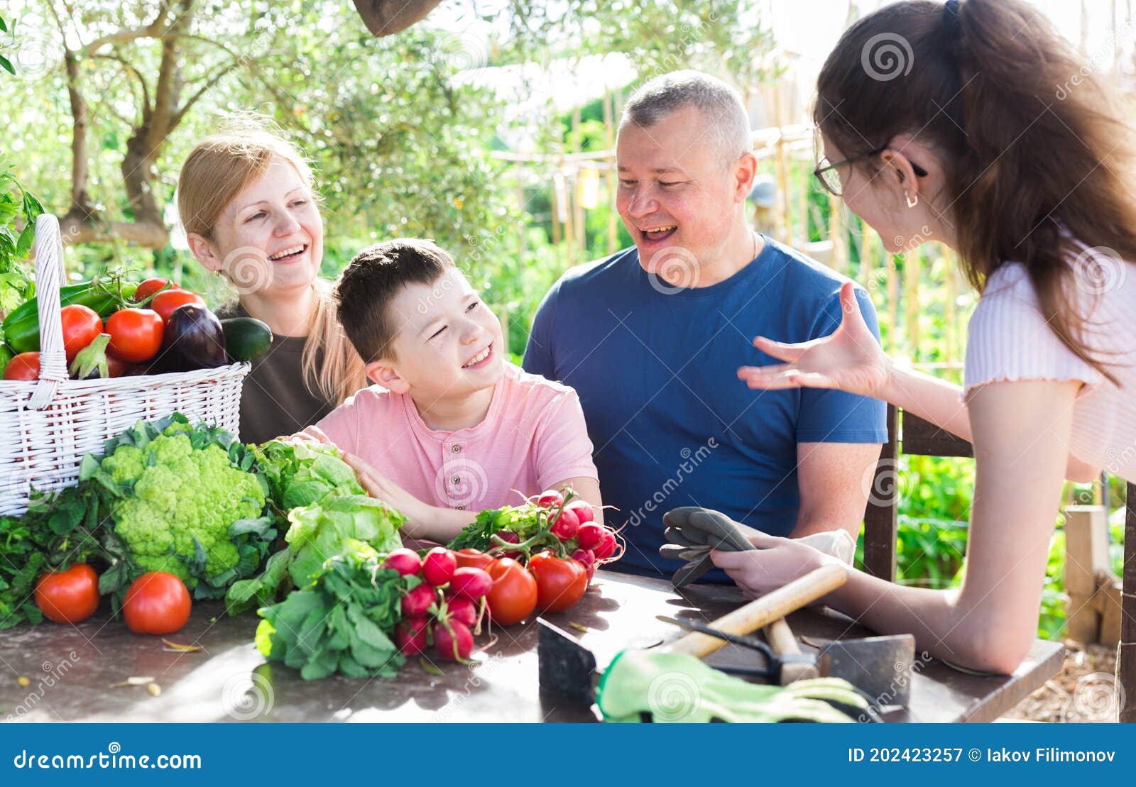 Parents and Children Talking at Table in the Backyard of House Stock ...