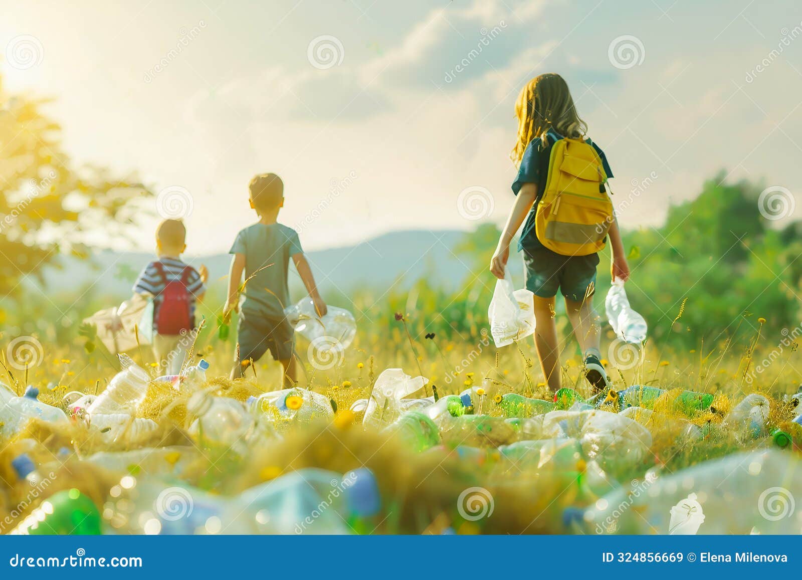 Parents Collecting Plastic Waste with Kids. Plastic Pollution Stock ...
