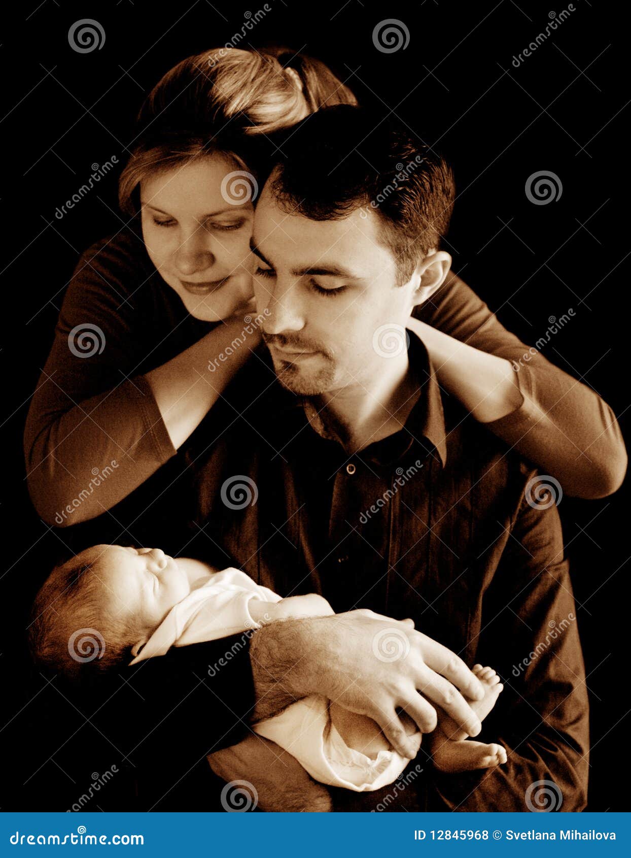 Parents with Newborn Baby in Sepia Stock Photo - Image of black, glad ...