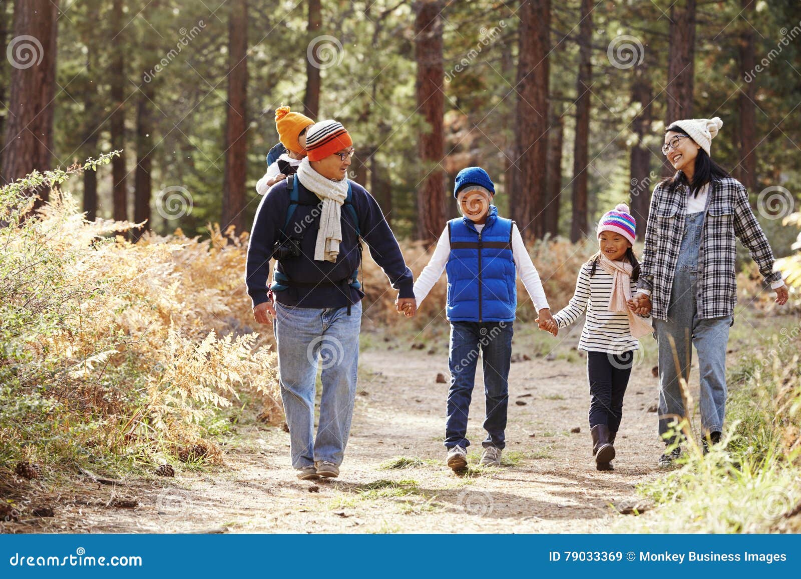 Parents and Three Children Walking in a Forest, Front View Stock Image ...