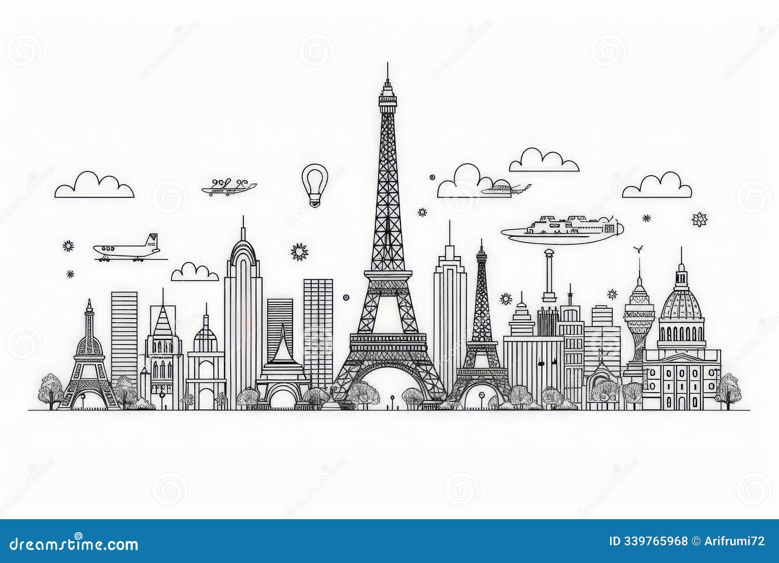 Paris City Skyline Editable Outline Illustration on White Background ...