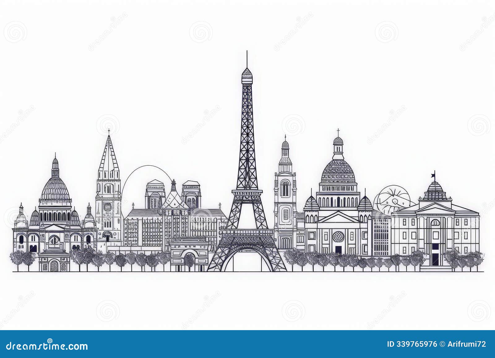 Paris City Skyline Editable Outline Illustration on White Background ...
