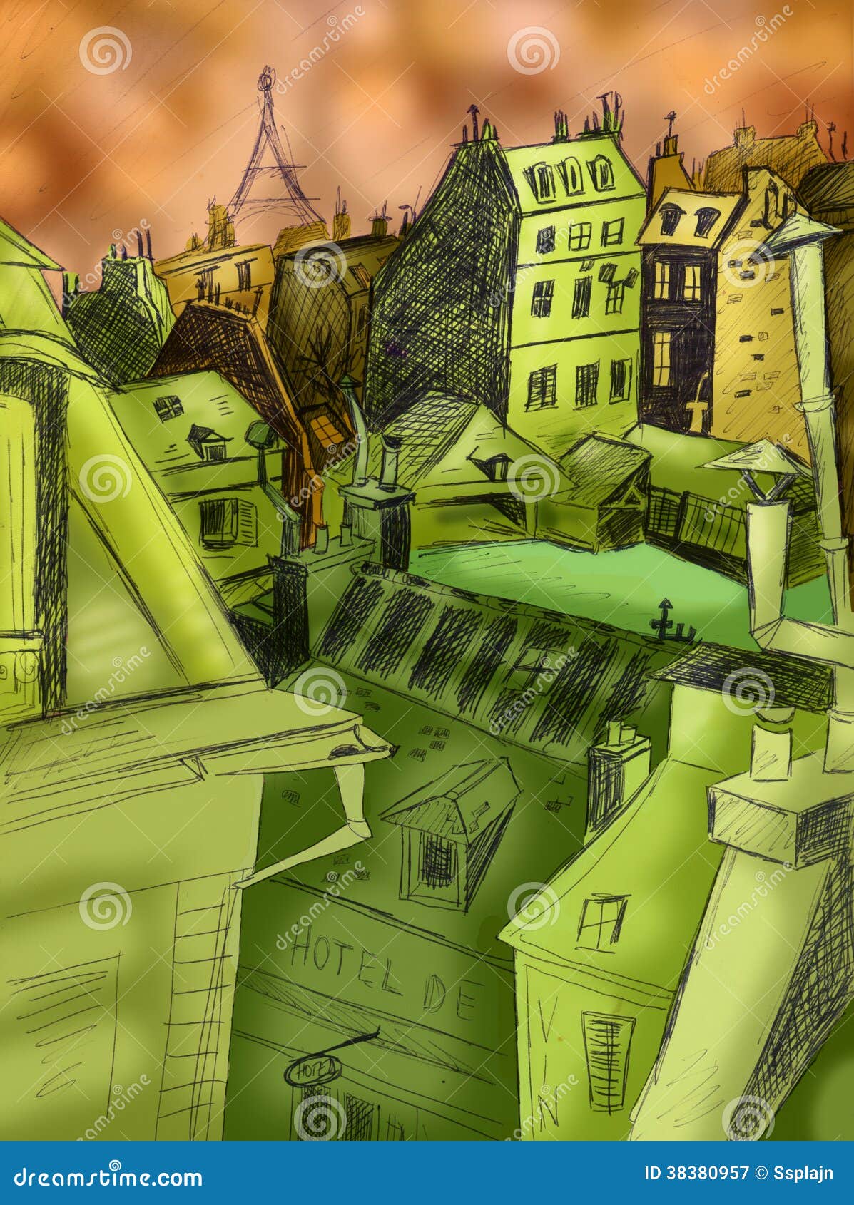 Paris Cityscape. Colored Drawing Stock Illustration - Illustration of ...