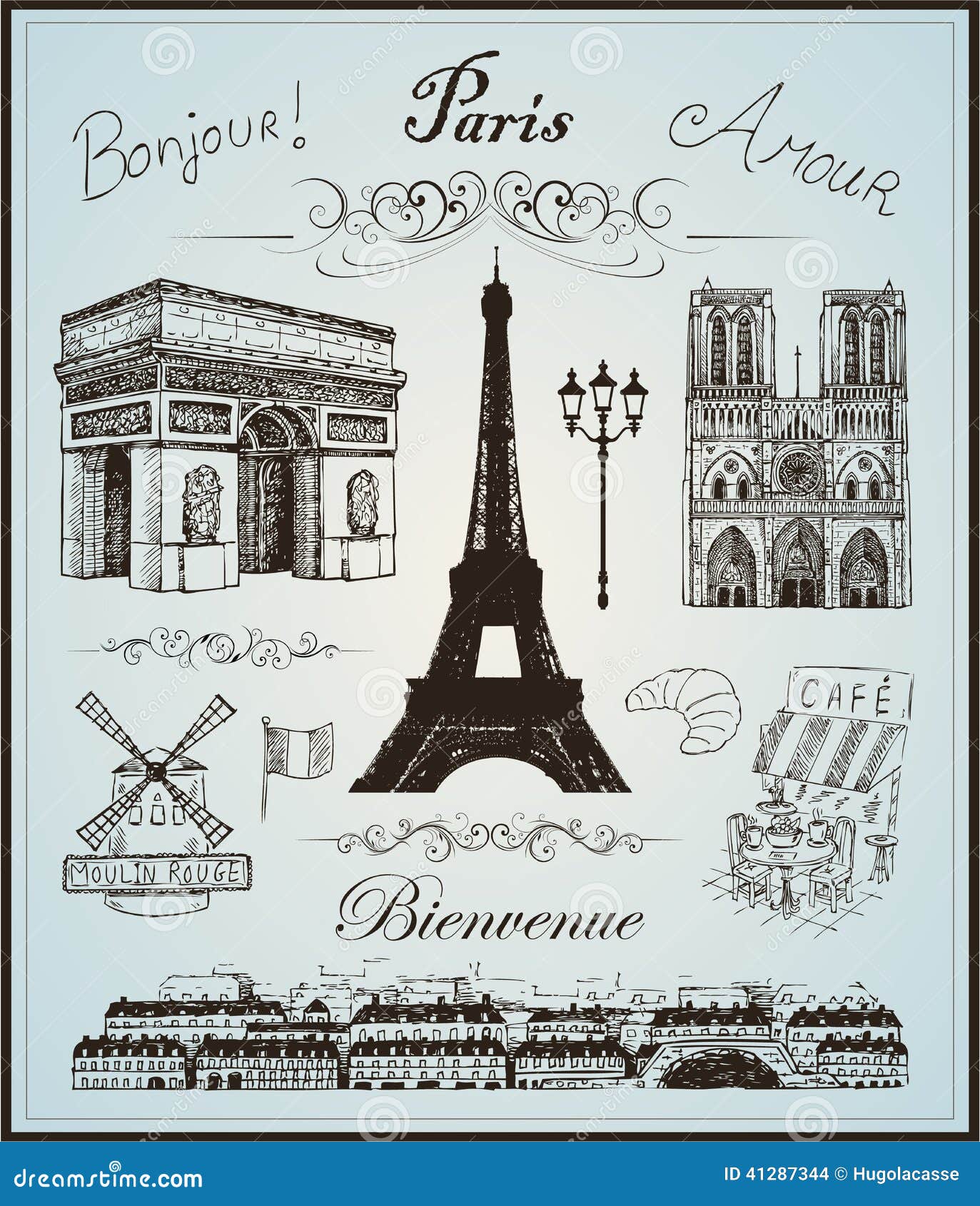 Paris Collection Elements Vector Hand Drawn Stock Vector - Illustration ...