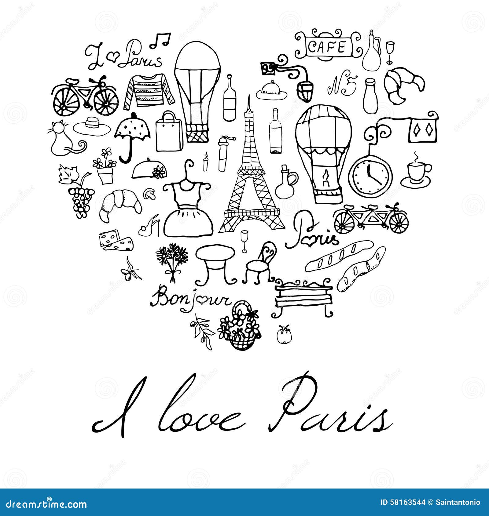 Paris Doodles Elements. Hand Drawn Set Withefel Tower Bred Cafe Flowers ...