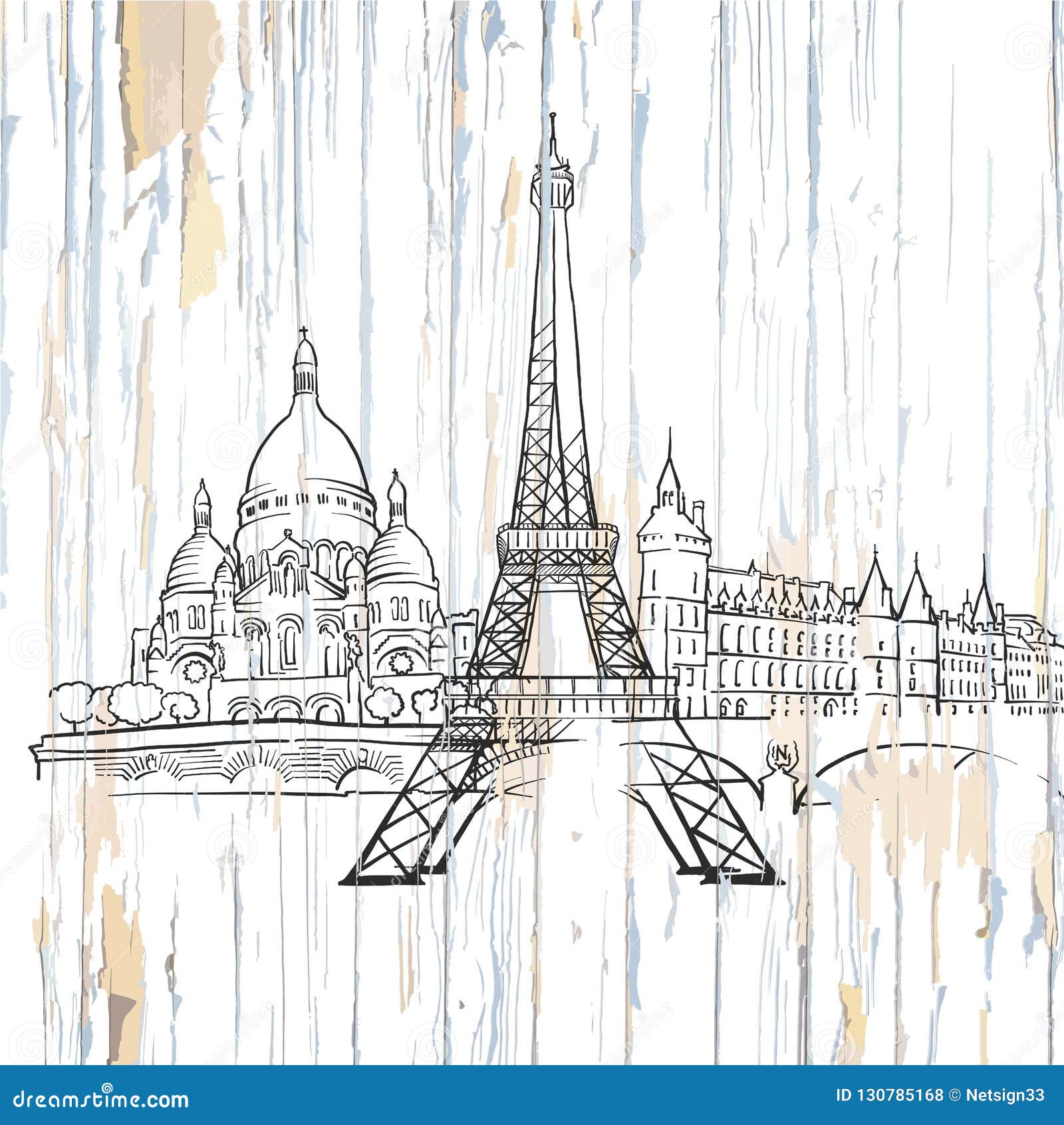 Paris drawing on wood stock vector. Illustration of architecture ...