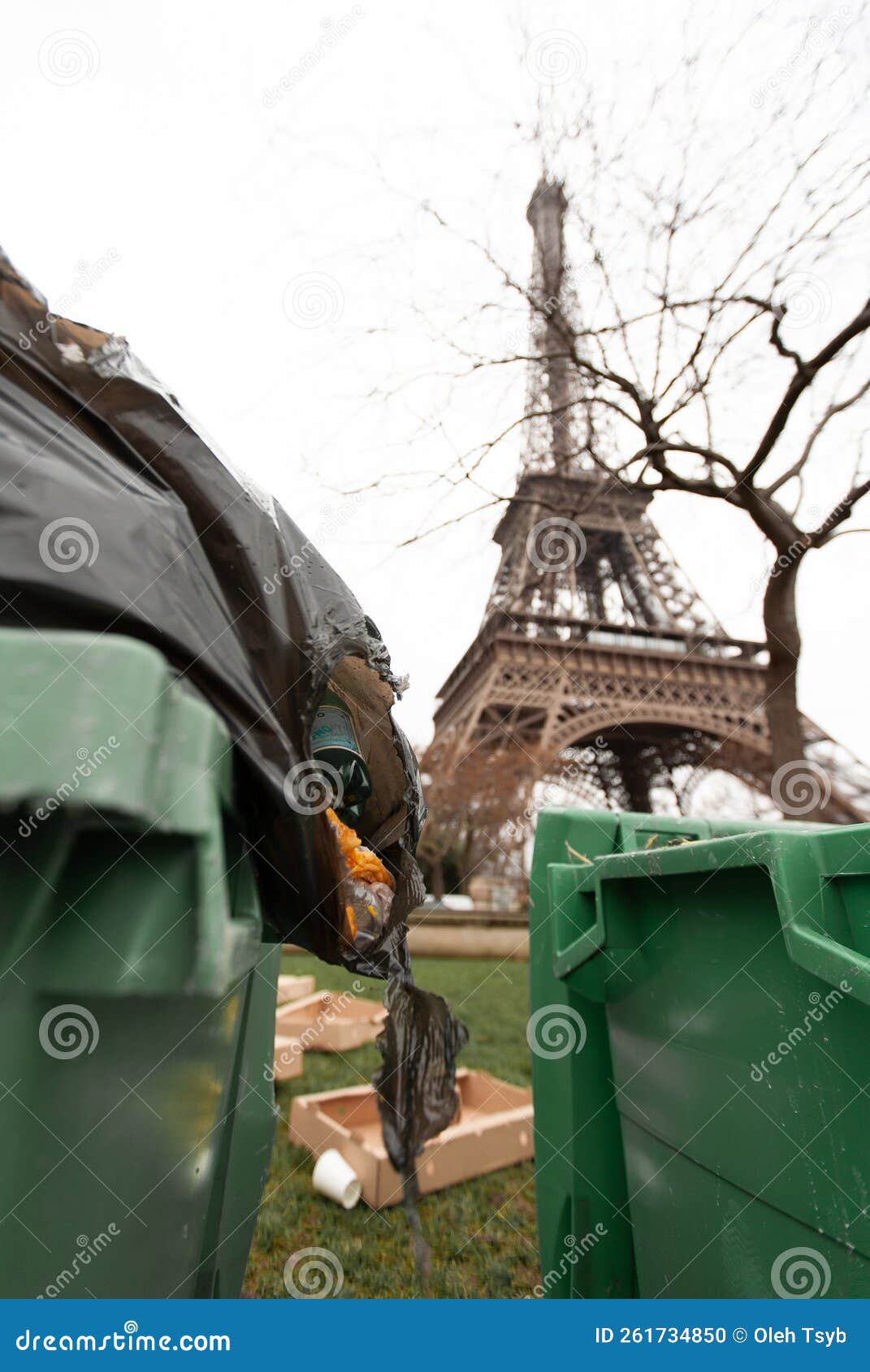 Paris, Eiffel Tower with Garbage Cans in Front Stock Photo - Image of ...