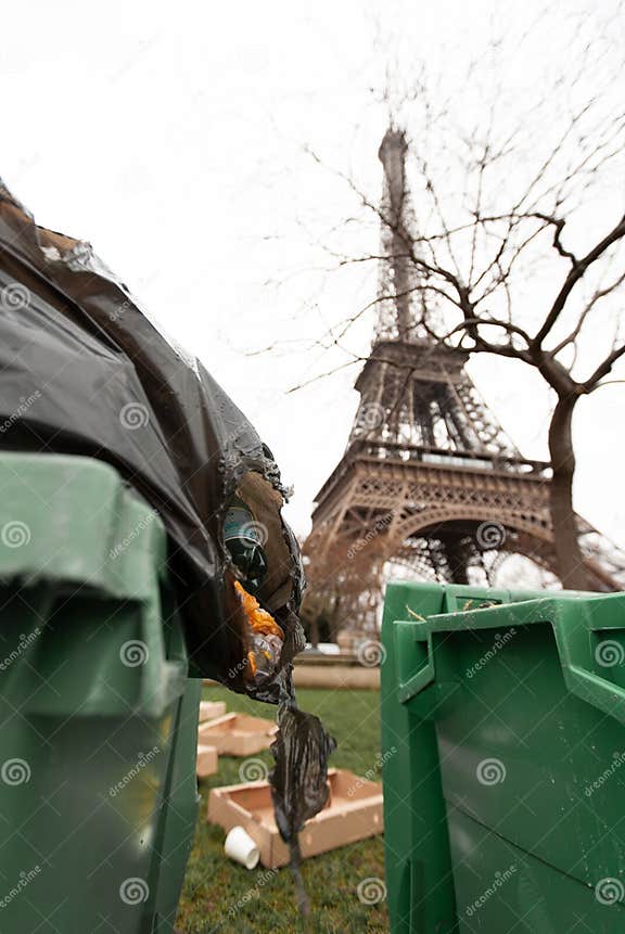 Paris, Eiffel Tower with Garbage Cans in Front Stock Photo - Image of ...
