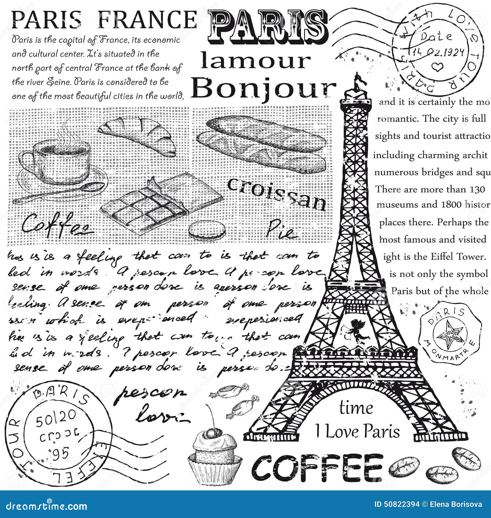Paris Eiffel Tower. Paris Symbol Hand Drawn Picture In Frame With ...