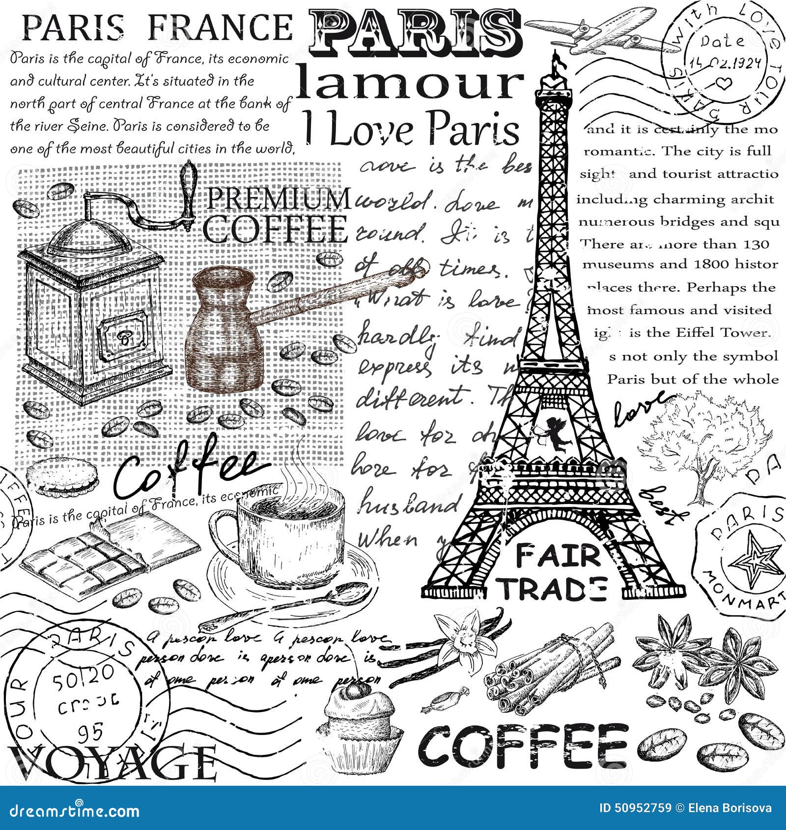 Paris Eiffel Tower. Paris Symbol Hand Drawn Picture In Frame With ...