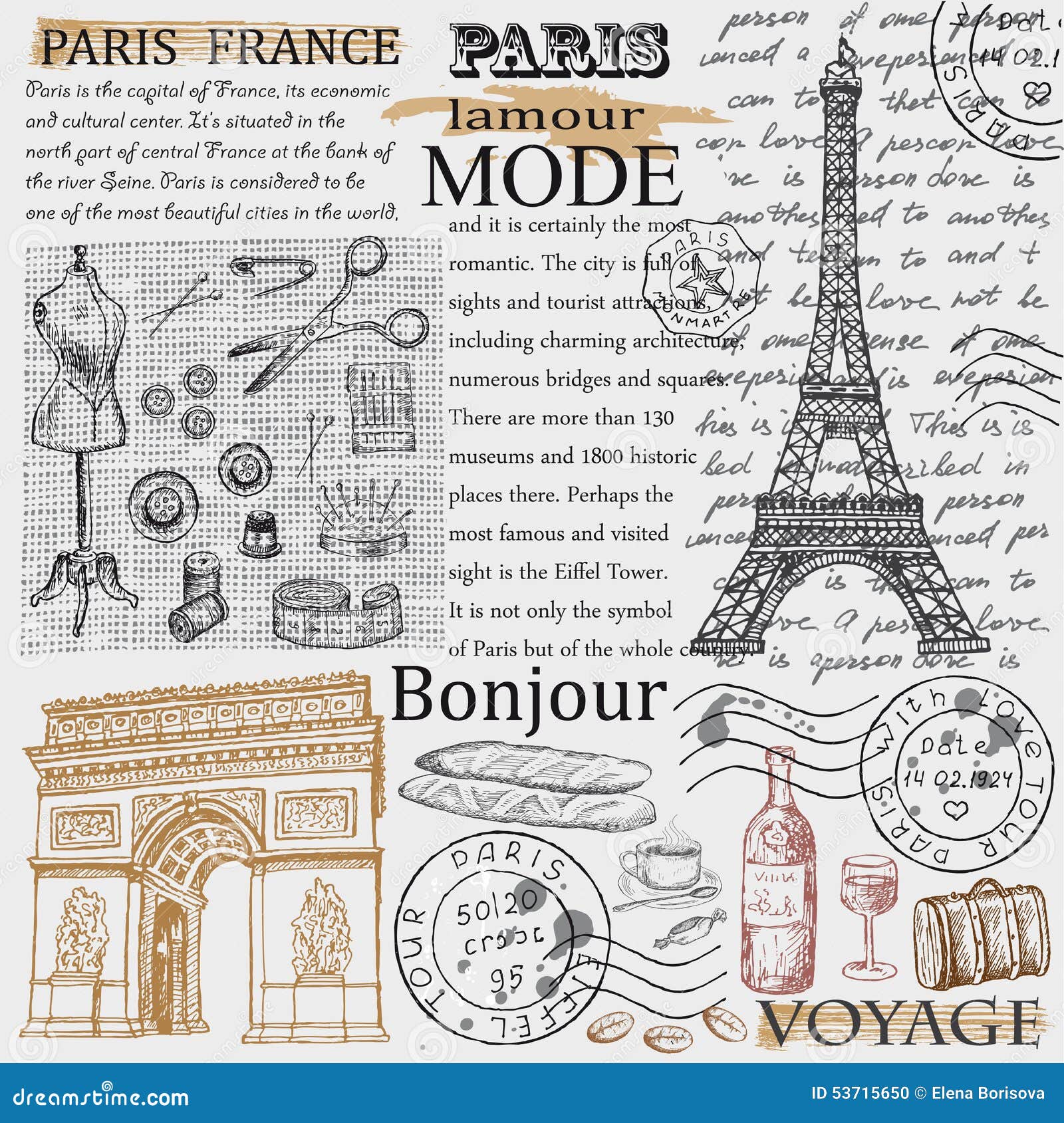 Paris Eiffel Tower. Paris Symbol Hand Drawn Picture In Frame With ...