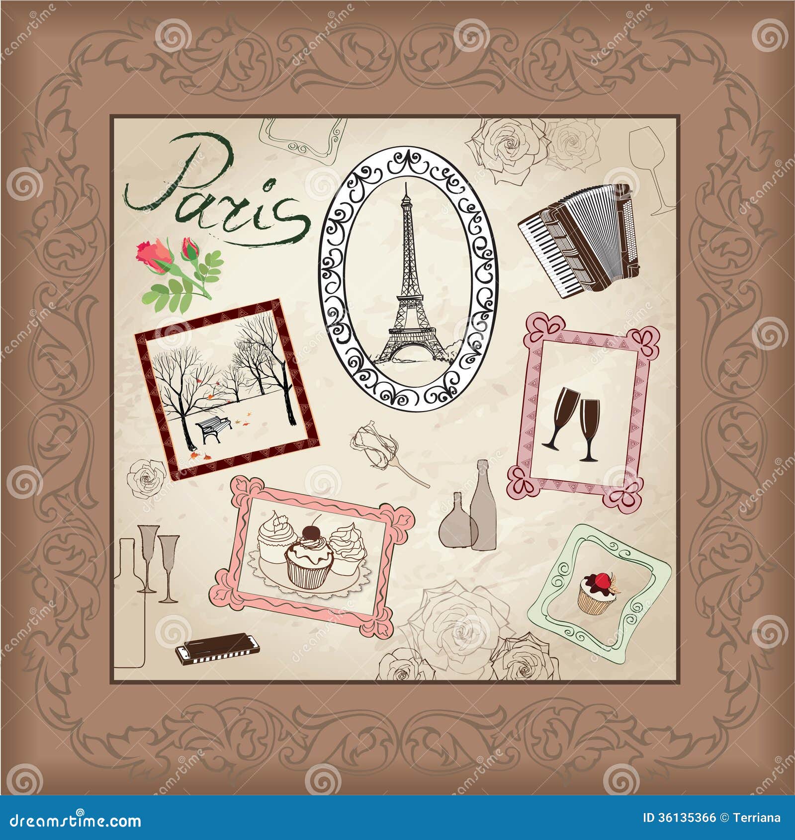 Paris Eiffel Tower. Paris Symbol Hand Drawn Picture in Frame with ... Paris Eiffel Tower. Paris Symbol Hand Drawn Picture in Frame with ...