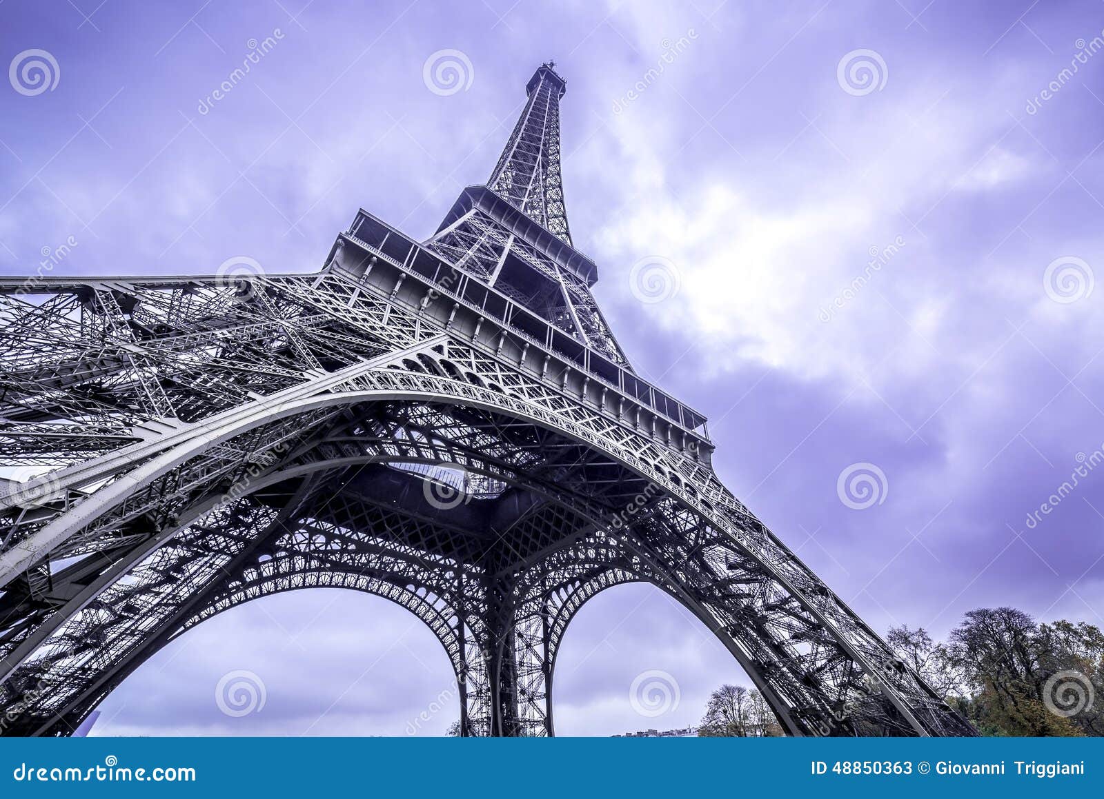 Paris. Eiffel Tower Scenic Bottom View. Purple Sky Stock Image - Image ...