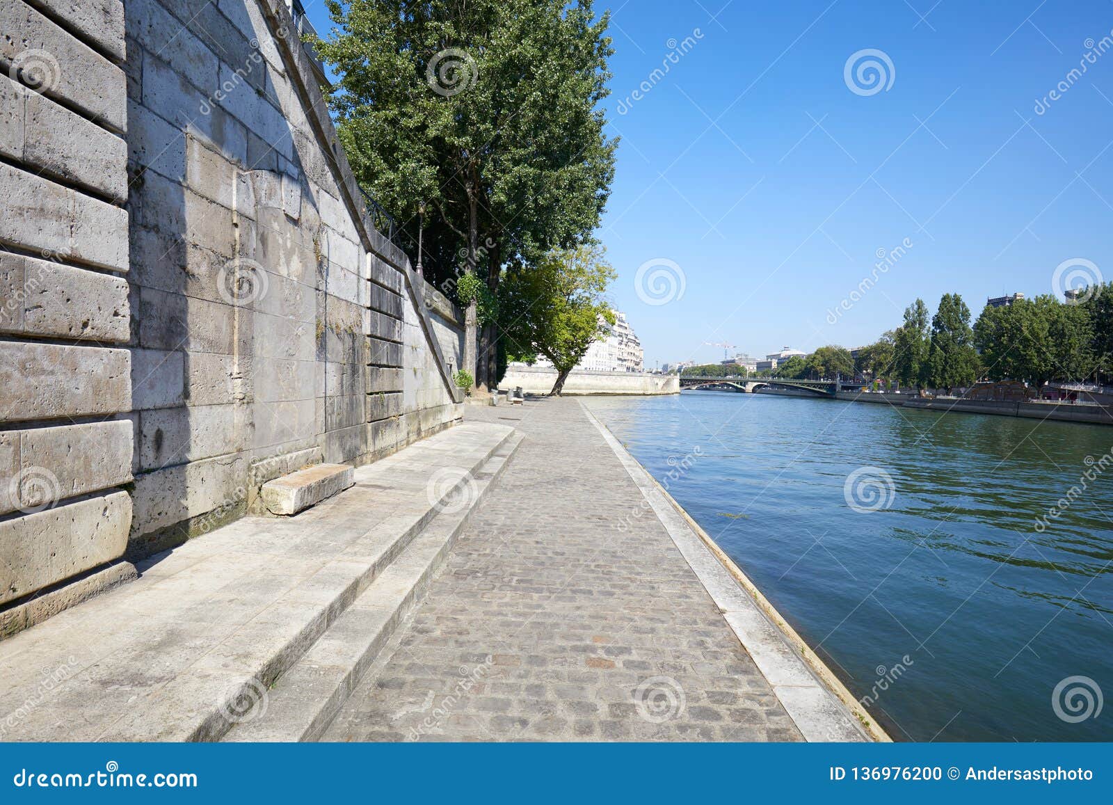 Paris, Empty Seine River Docks with Steps in a Sunny Day Stock Photo ...