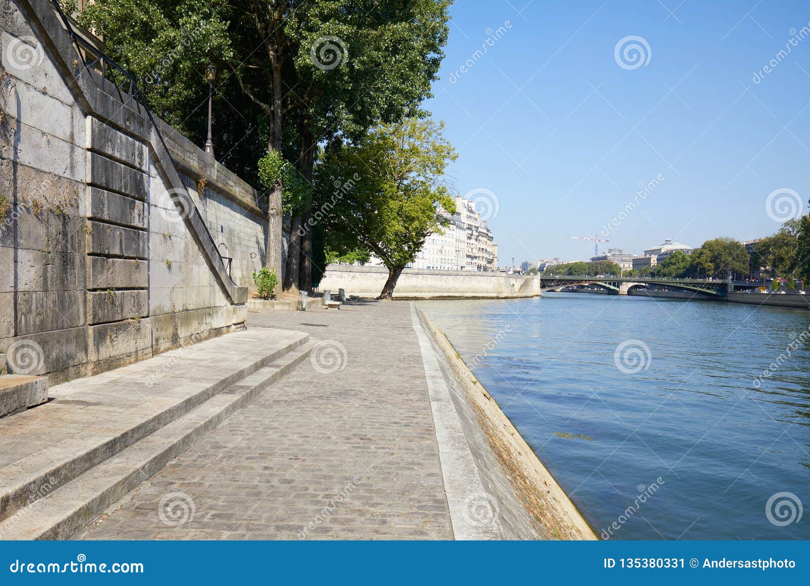 Paris, Empty Seine River Docks Wide Angle View in a Sunny Day Stock ...