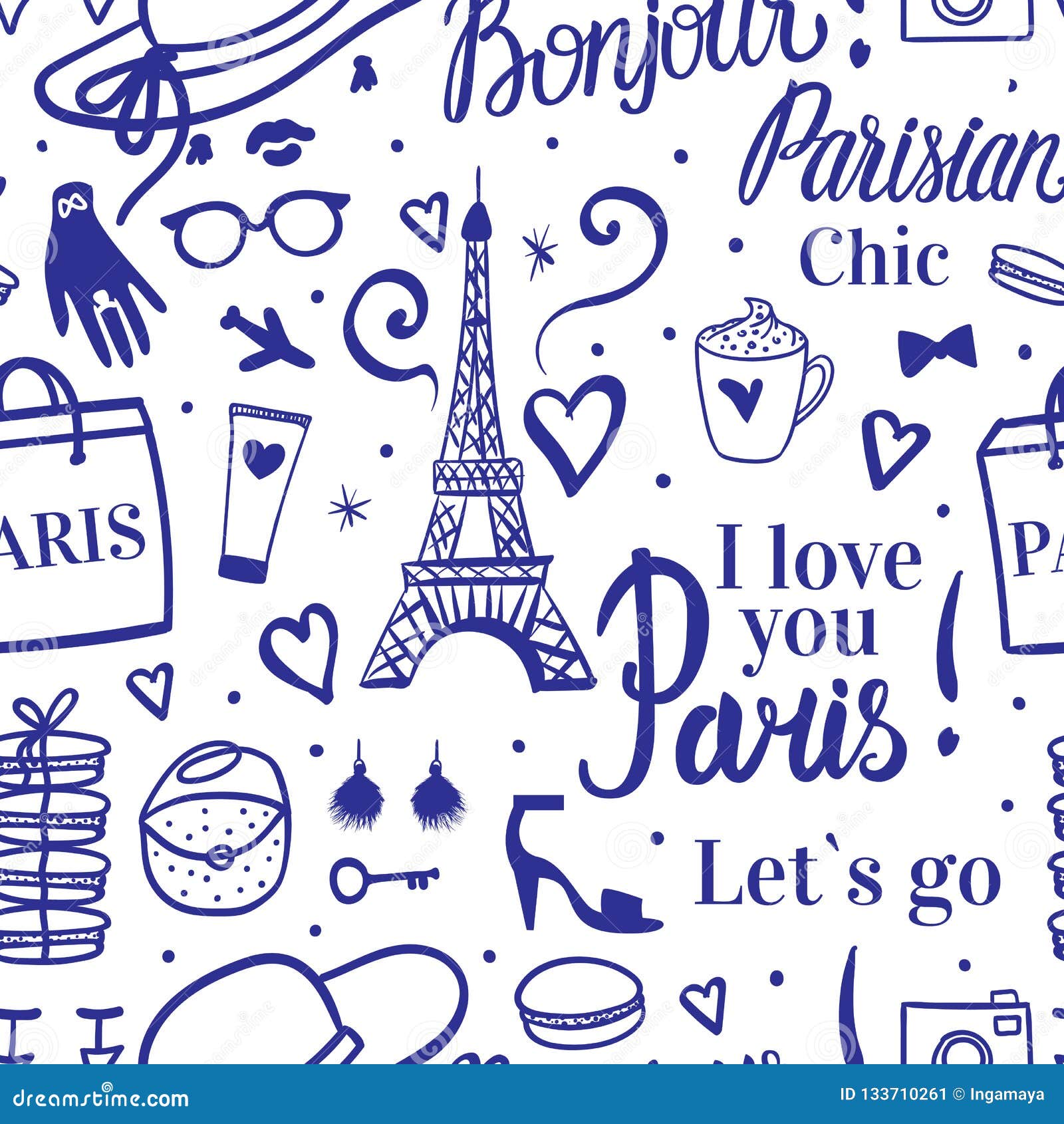 Paris Fashion Sketch Seamless Pattern with Lettering, Type Elements ...