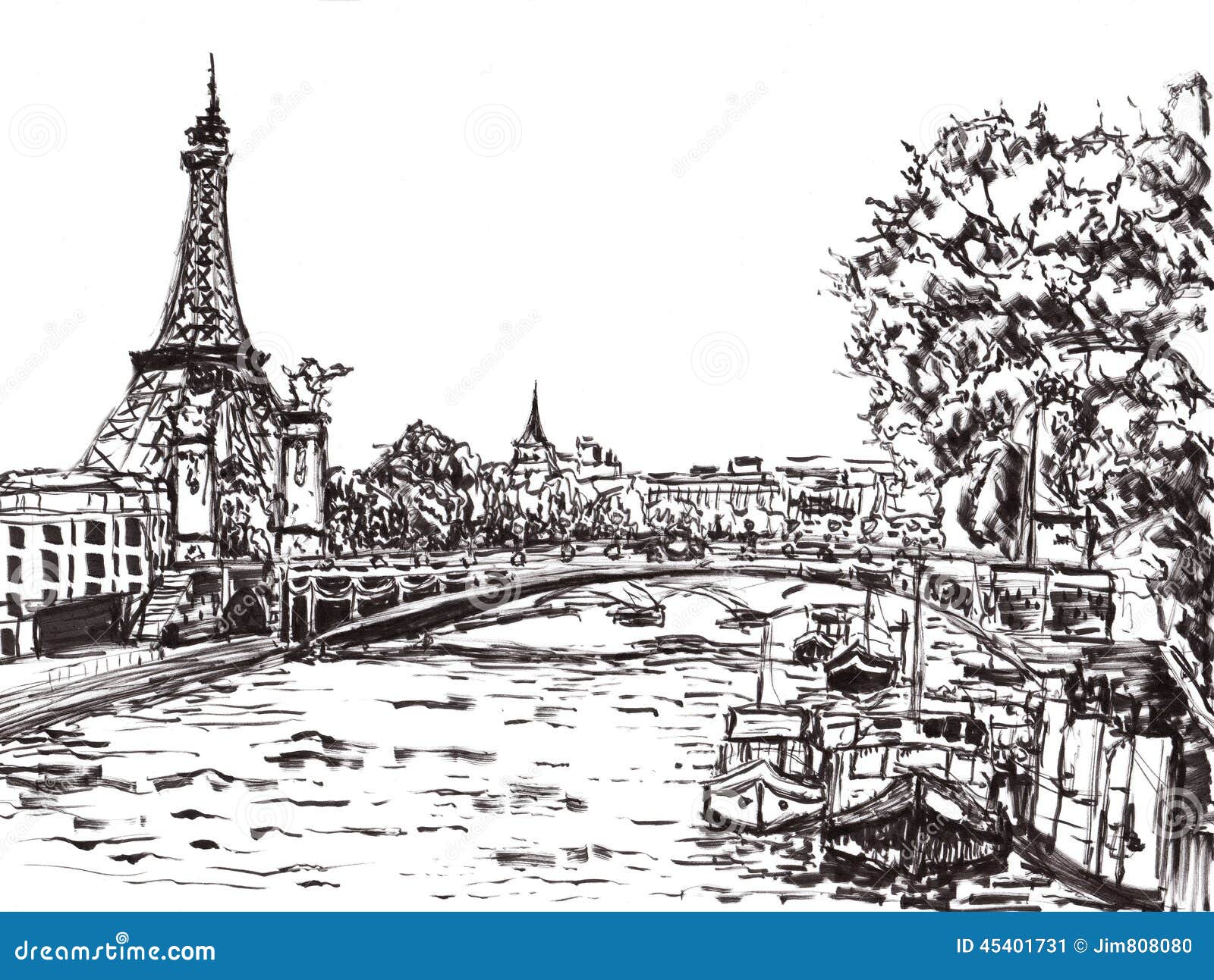Paris river hand draw stock illustration. Illustration of draw - 45401731