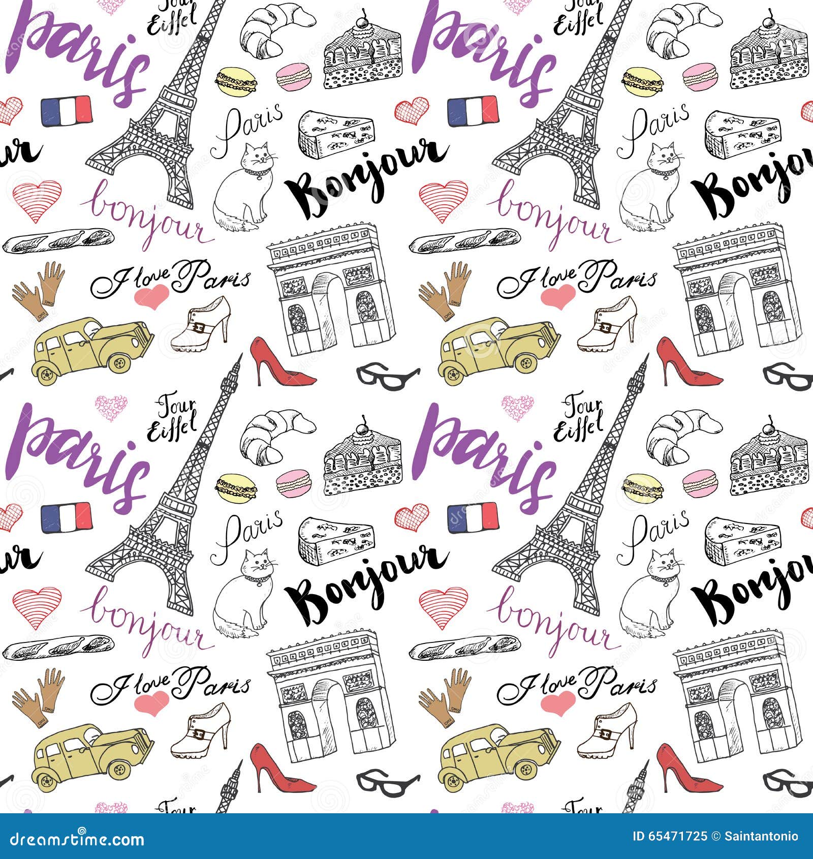 Paris Seamless Pattern with Hand Drawn Sketch Elements - Eiffel Tower ...