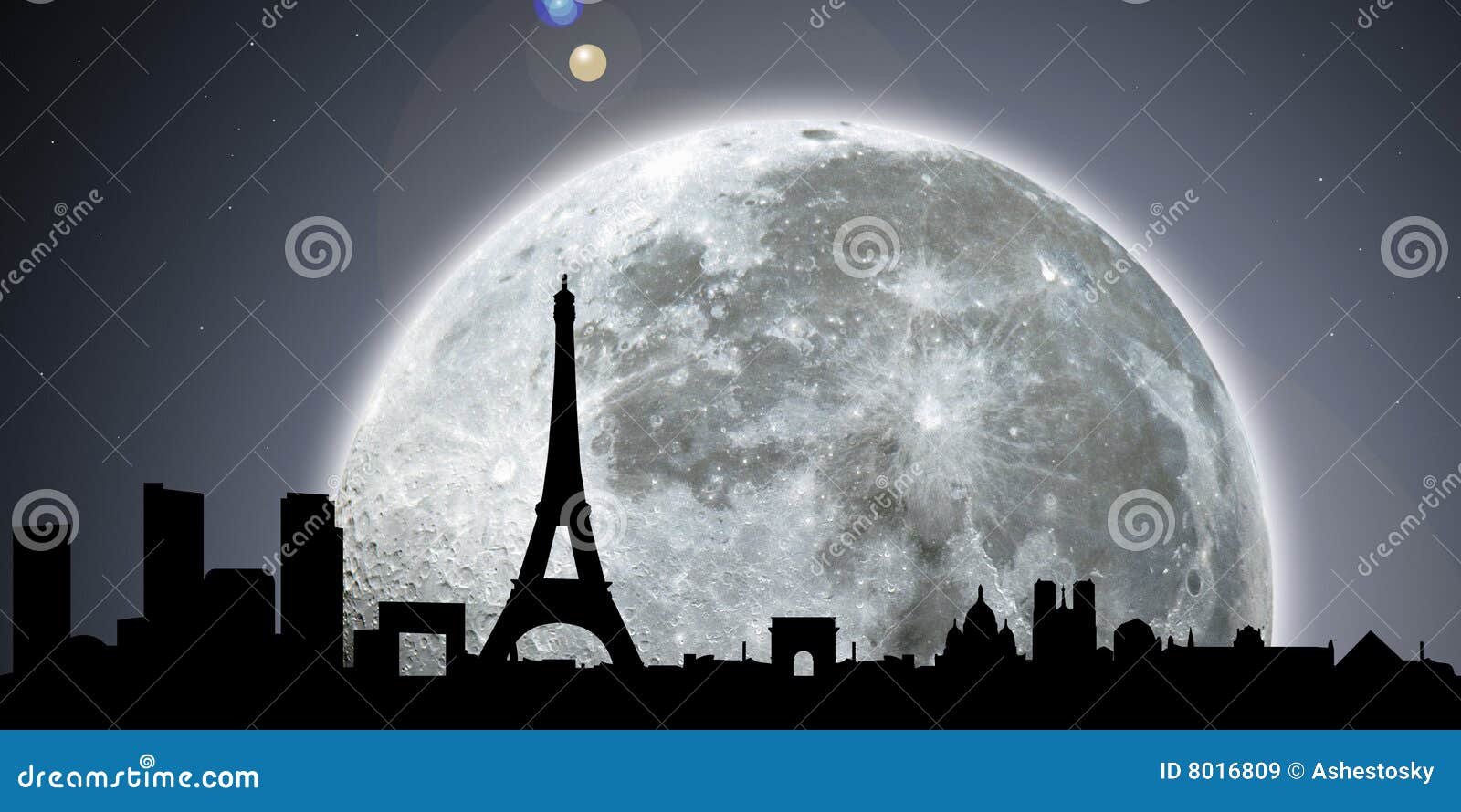 Paris Skyline Night with Moon Stock Illustration - Illustration of full ...