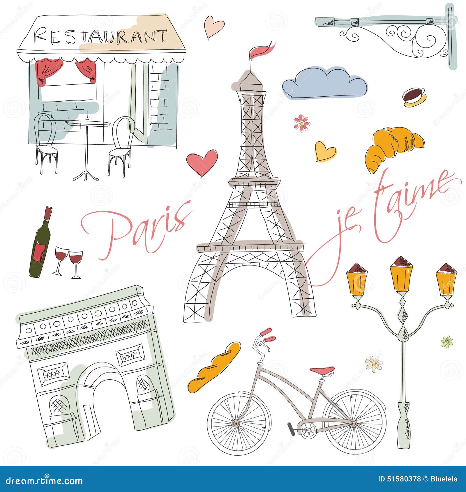 Paris-Symbole, Postkarte, Hand Gezeichnet Vektor Abbildung ...