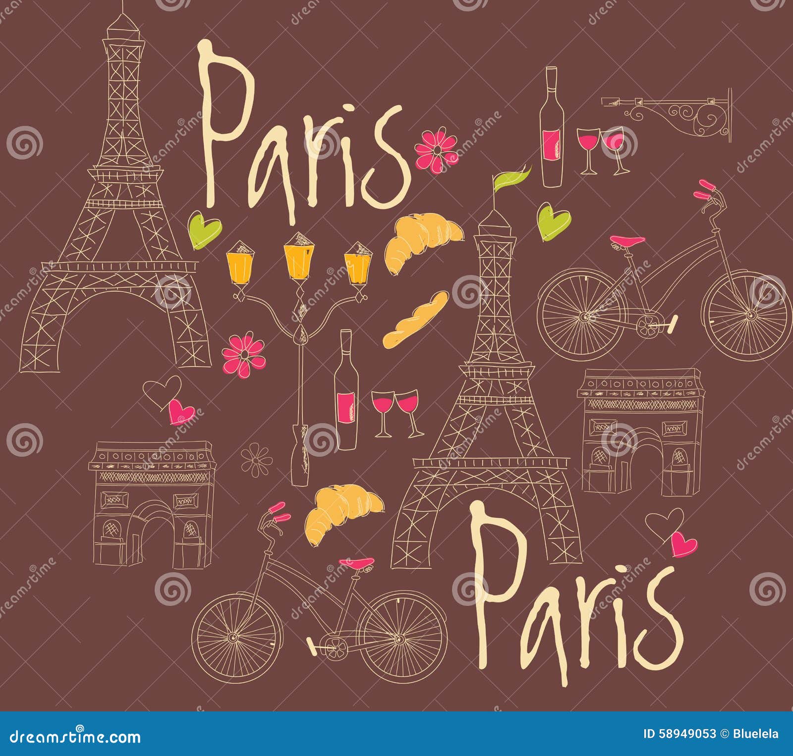 Paris Symbols, Postcard, Hand Drawn Stock Vector - Illustration of ...