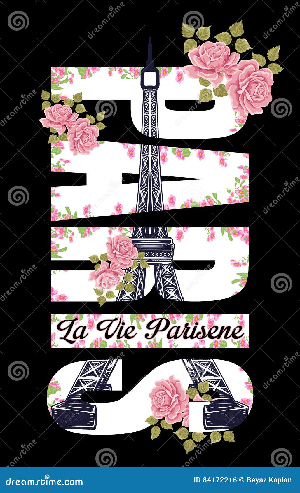 Paris Text and Eiffel Tower with Roses Illustration Art on Black ...