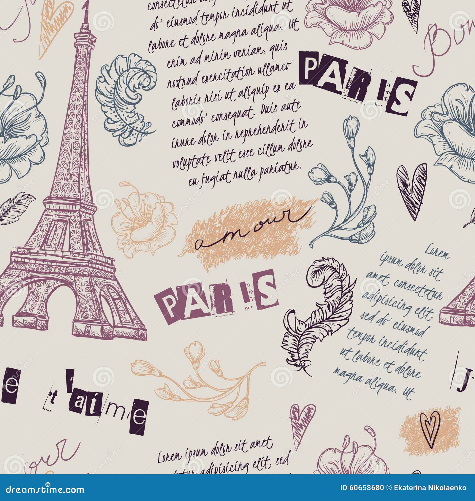 Paris Vintage Card.Eiffel Tower,Watercolor Rose Cartoon Vector ...