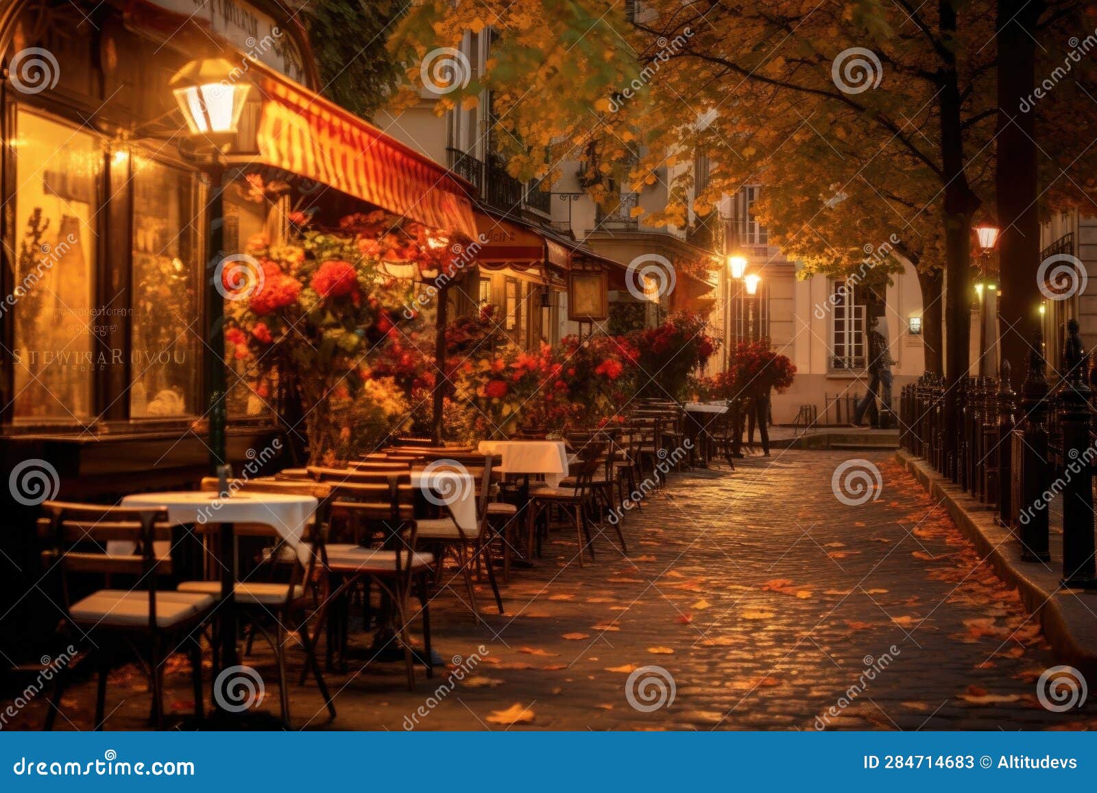 Parisian Cafe Terrace with Romantic Lighting Stock Illustration ...
