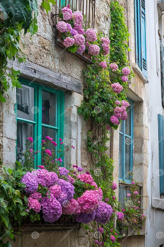 A Parisian Window Adorned with Lush, Flowering Hydrangeas. Stock Image ...