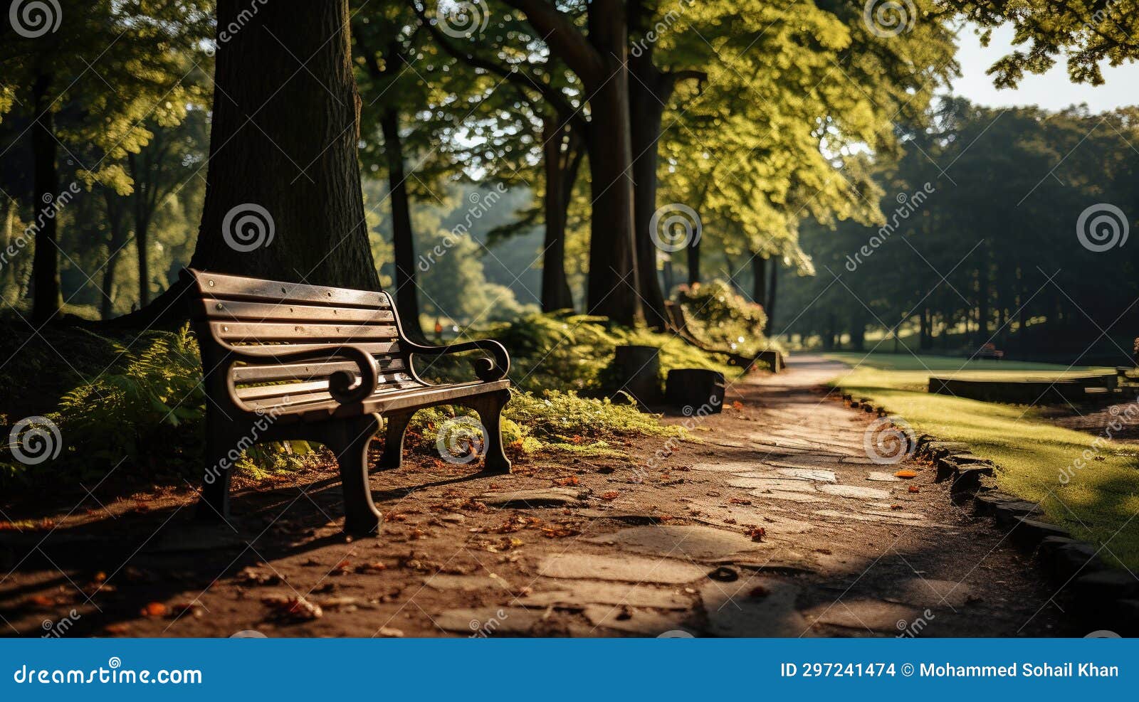 A Park Bench Casting a Shadow on a Path Landscape Background Stock ...