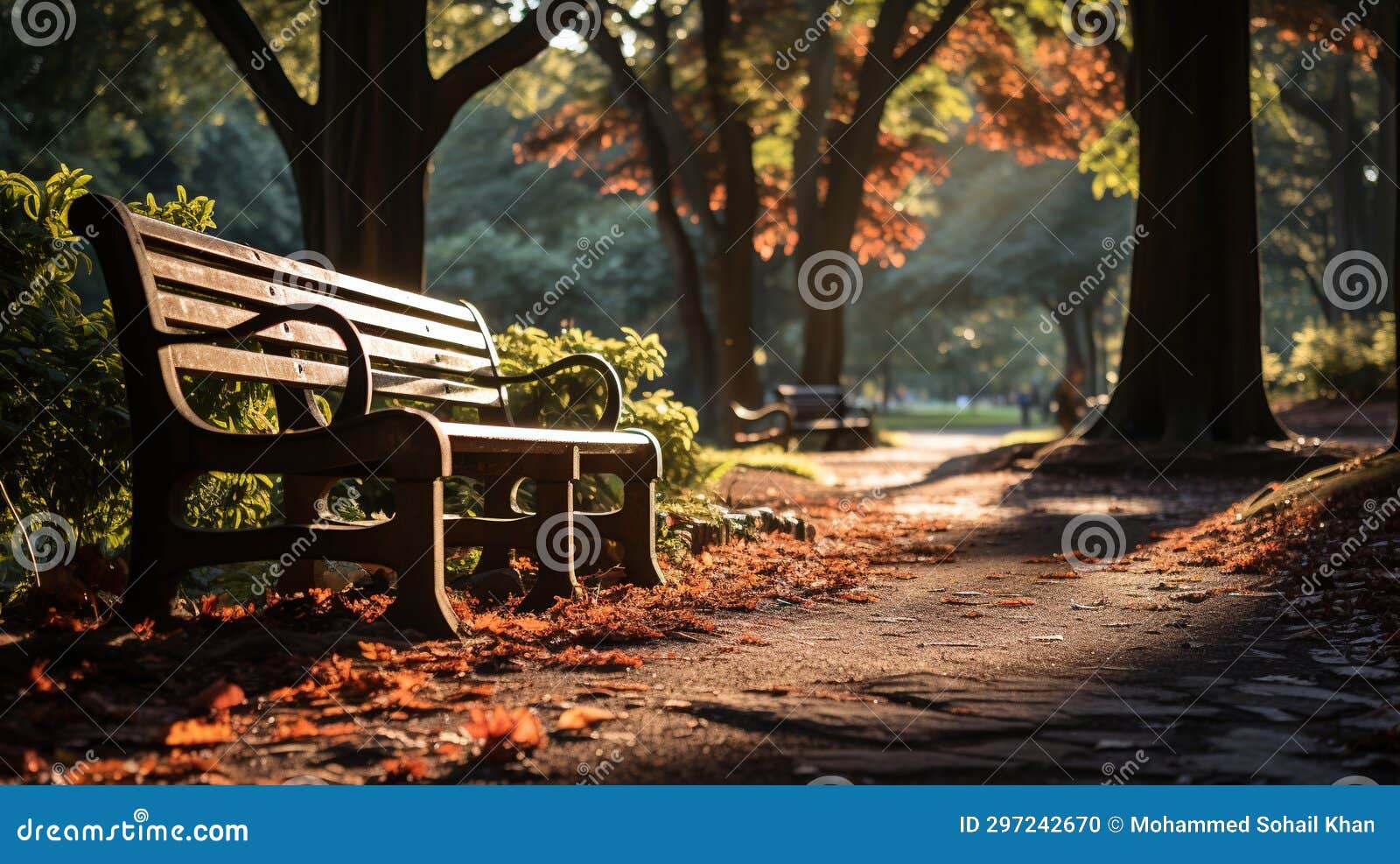 A Park Bench Casting a Shadow on a Path Landscape Background Stock Photo - Image of grass ...