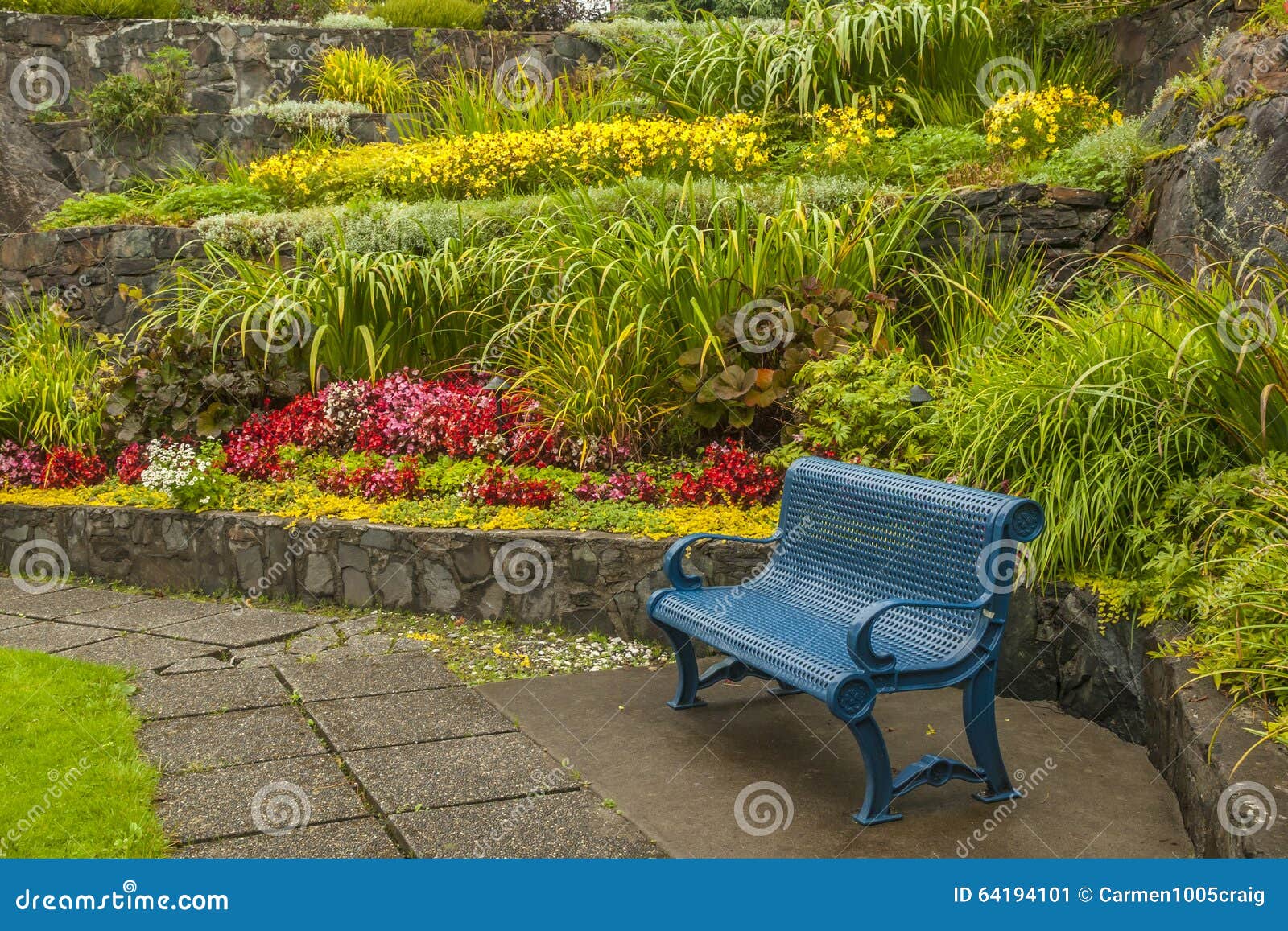 Colorful Park Bench and Lush, Flowering Garden Stock Image - Image of ...