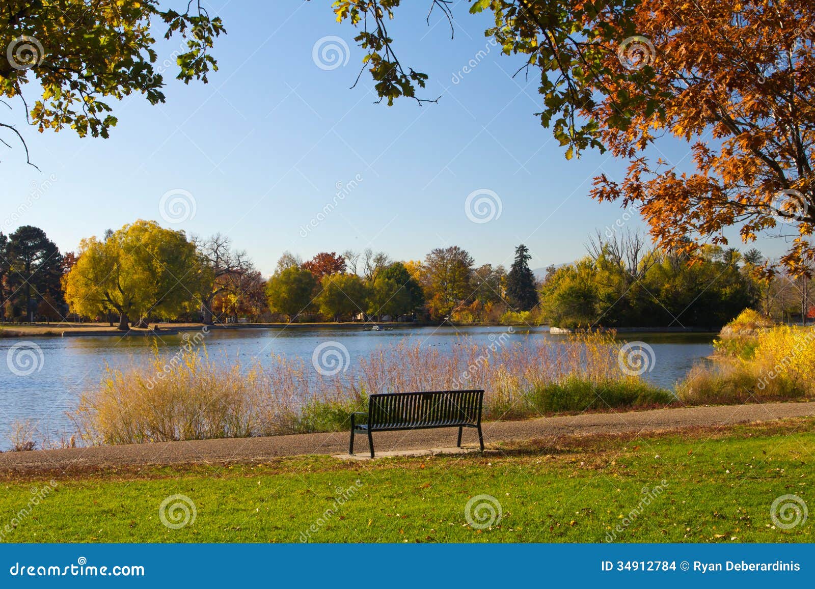 Park Bench by a Lake in Fall - Denver Stock Photo - Image of autumn ...