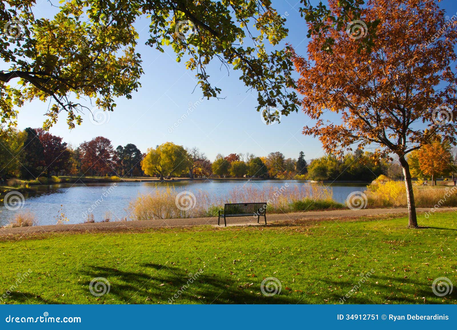 Park Bench by the Lake in Fall Stock Image - Image of lake, peaceful ...