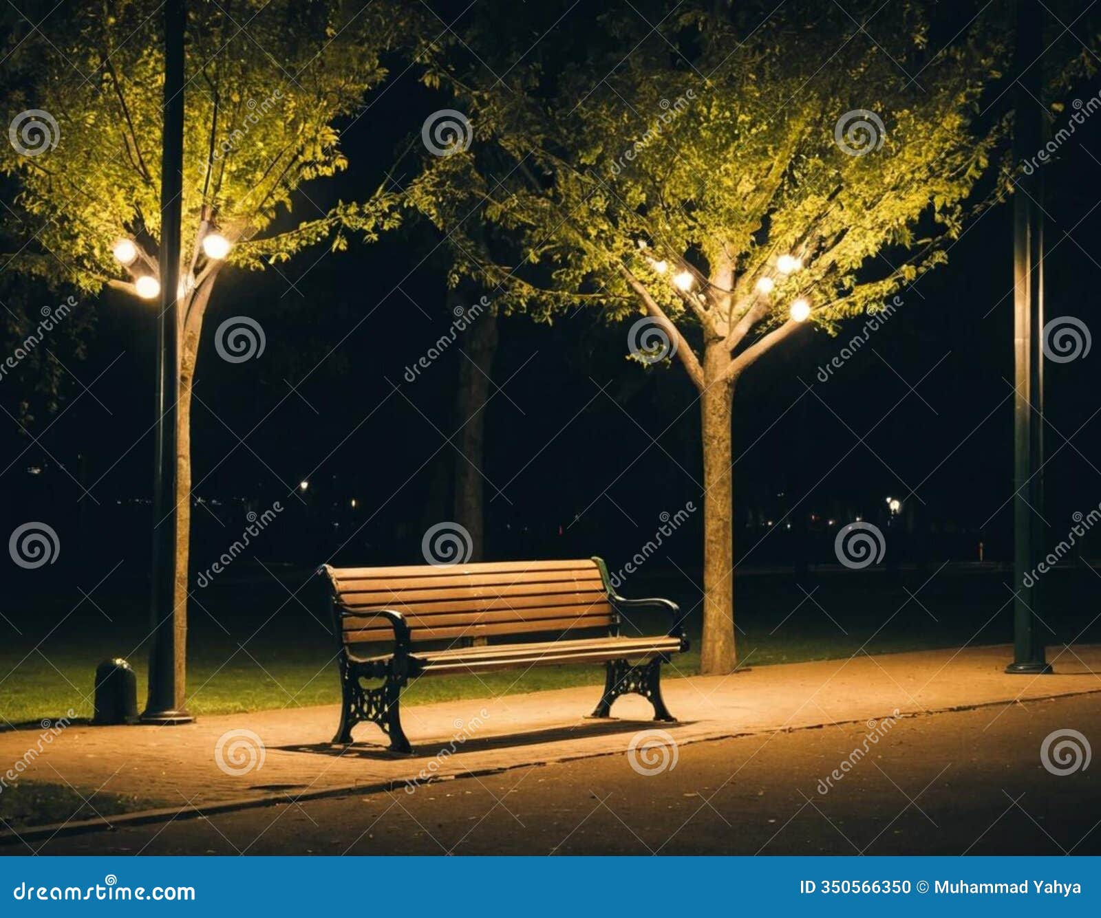 A Park Bench at Night with Lights from Poles Stock Illustration ...