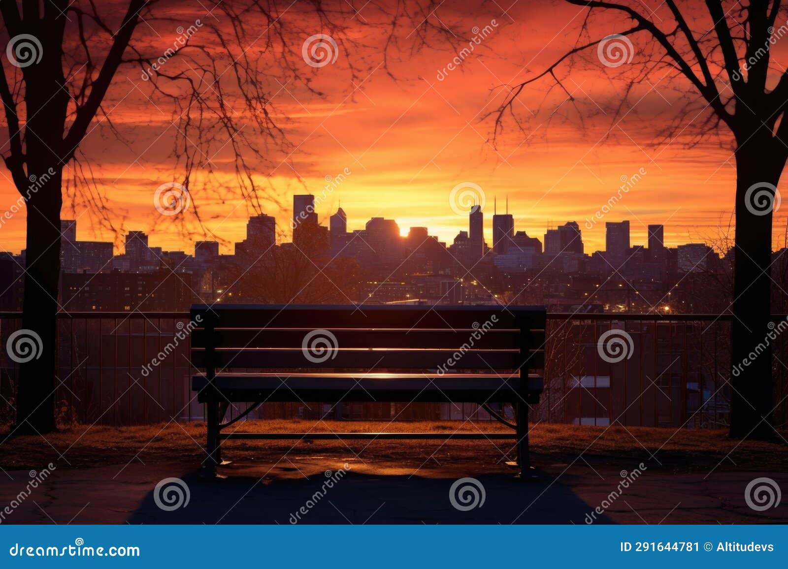 A Park Bench Overlooking a City Skyline at Sunset Stock Image - Image ...