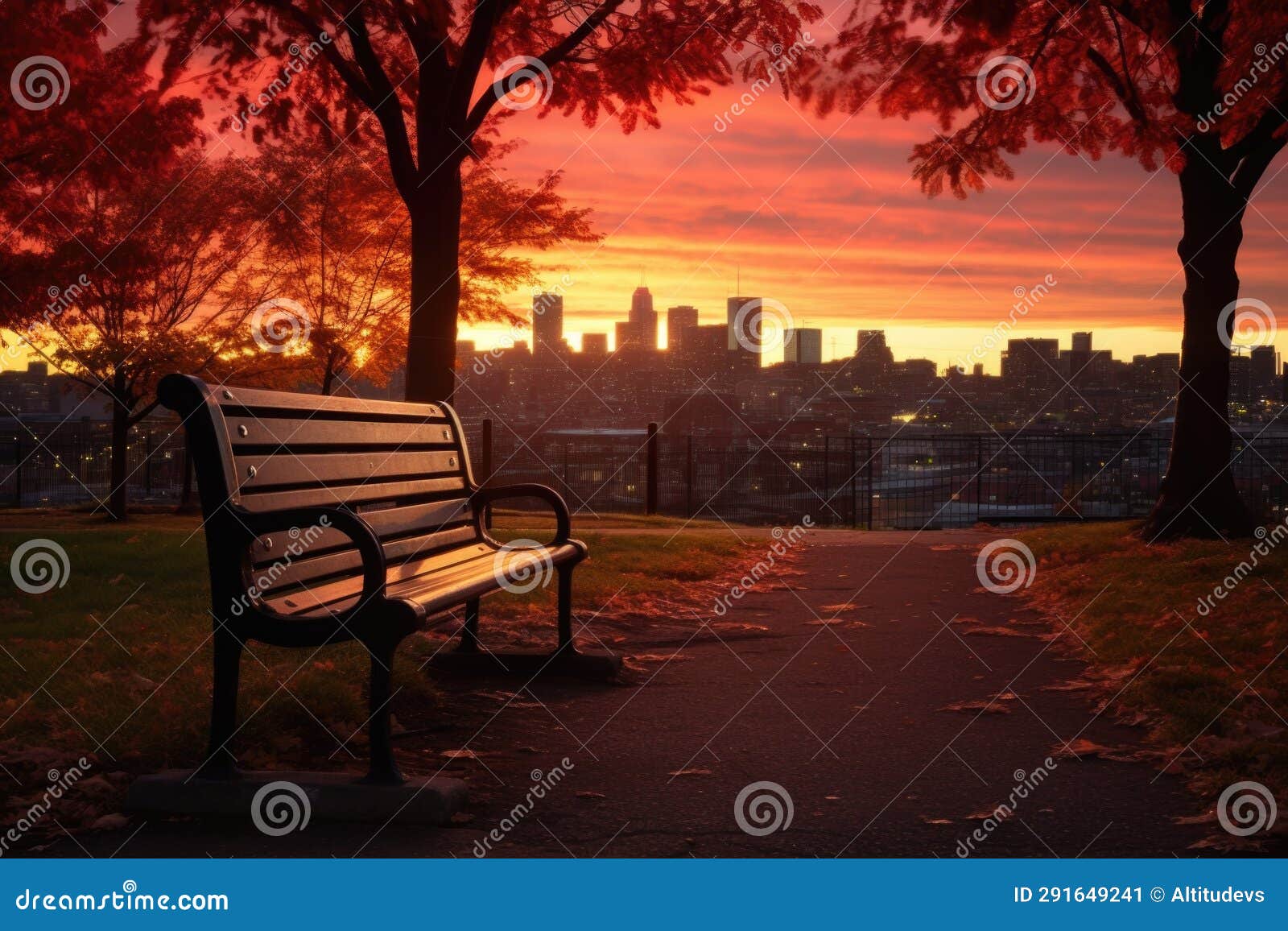 A Park Bench Overlooking a City Skyline at Sunset Stock Image - Image ...