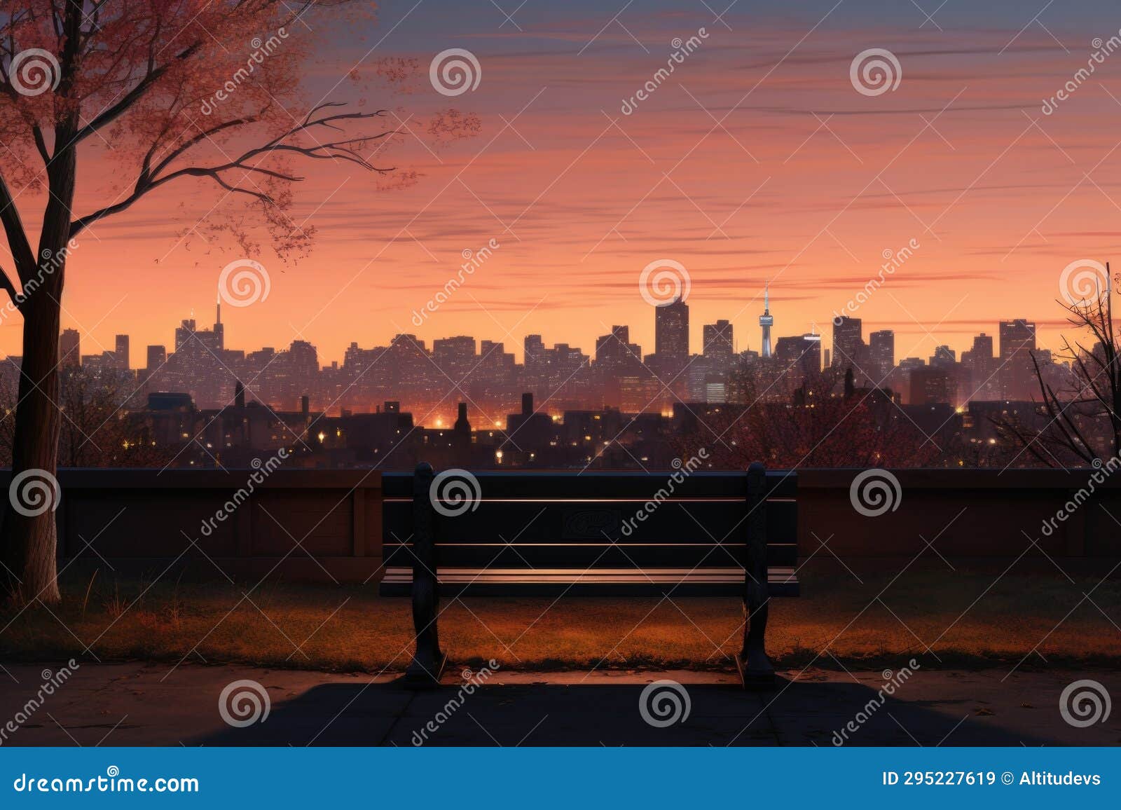 A Park Bench Overlooking a City Skyline at Sunset Stock Image - Image ...