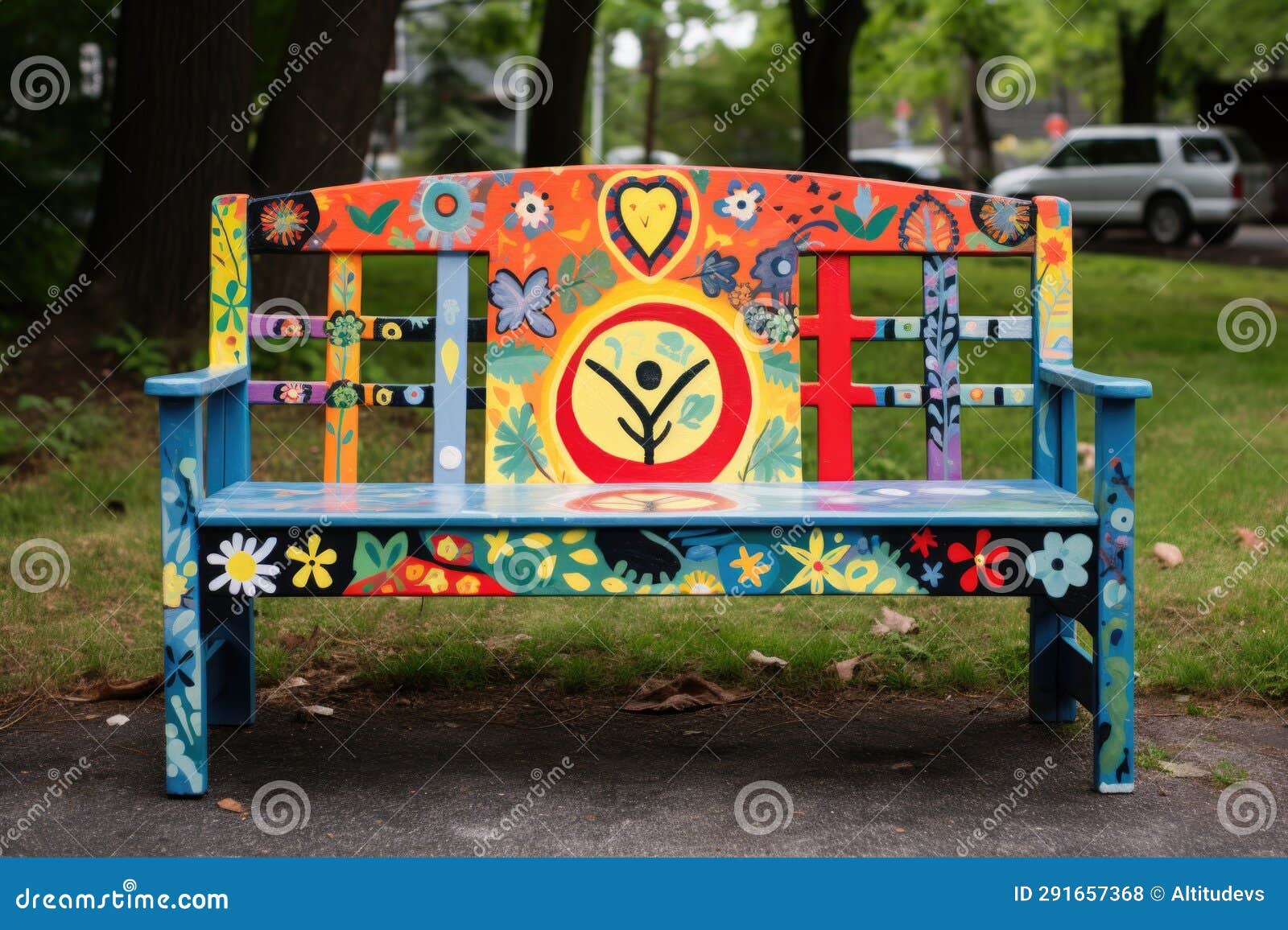 Park Bench Painted with Peace Signs Stock Photo - Image of public ...