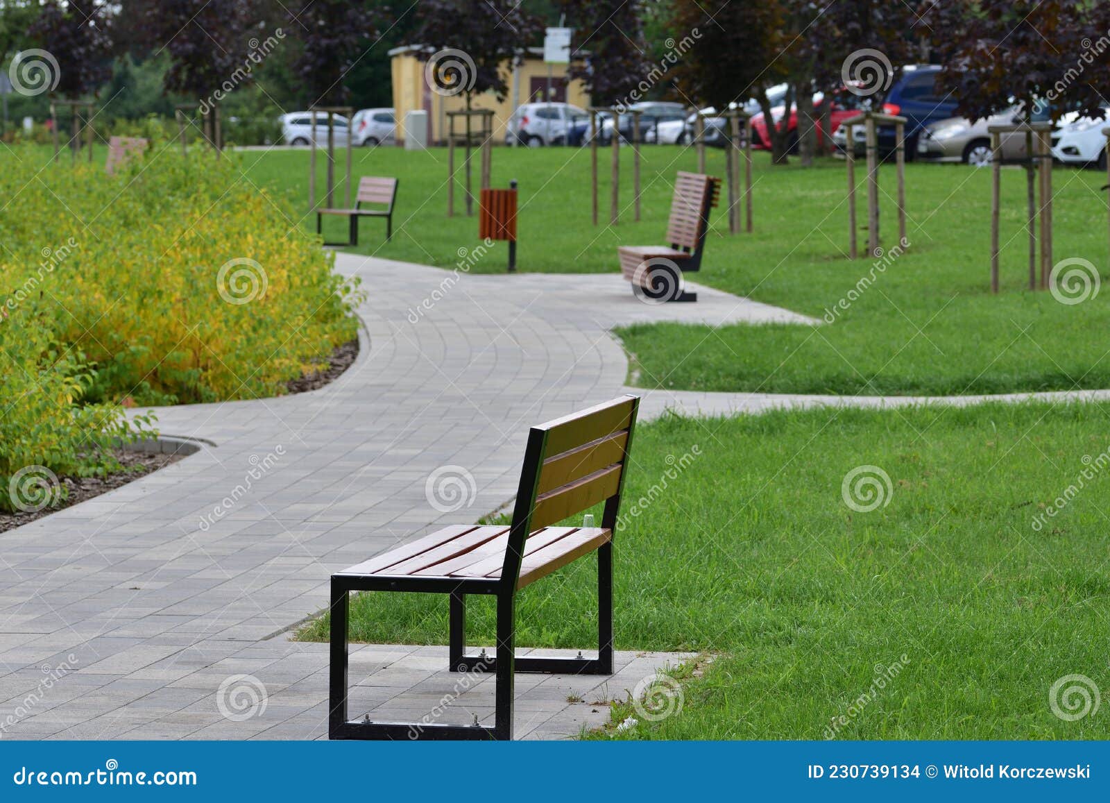 Park Bench by a Pedestrian Path on a Cloudy Day. Rest. Day Stock Photo ...