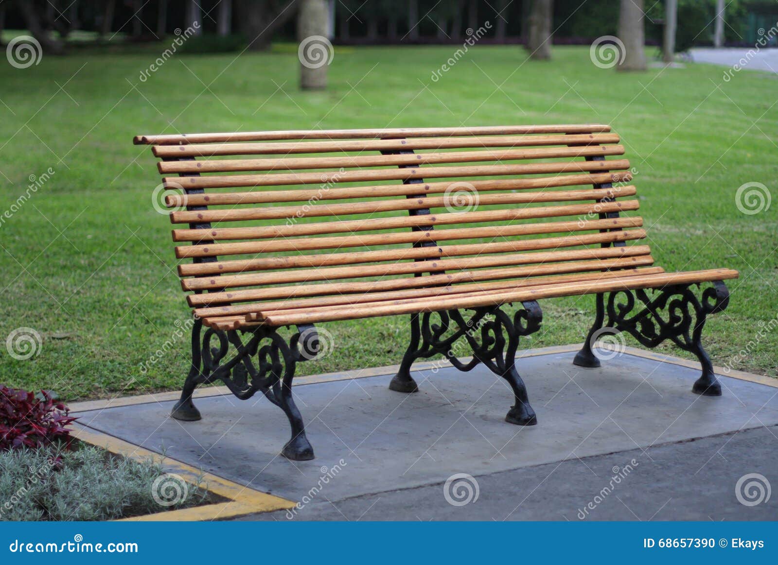 Park Bench Seat and Green Lawn Behind Stock Photo - Image of furniture ...