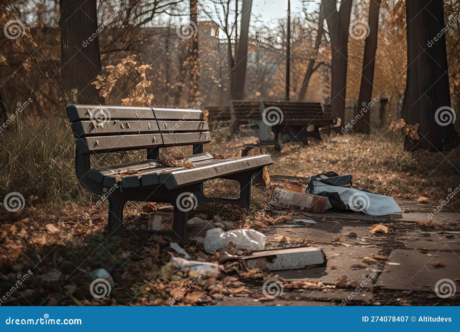 A Park Bench Surrounded by Litter and Trash Stock Illustration ...
