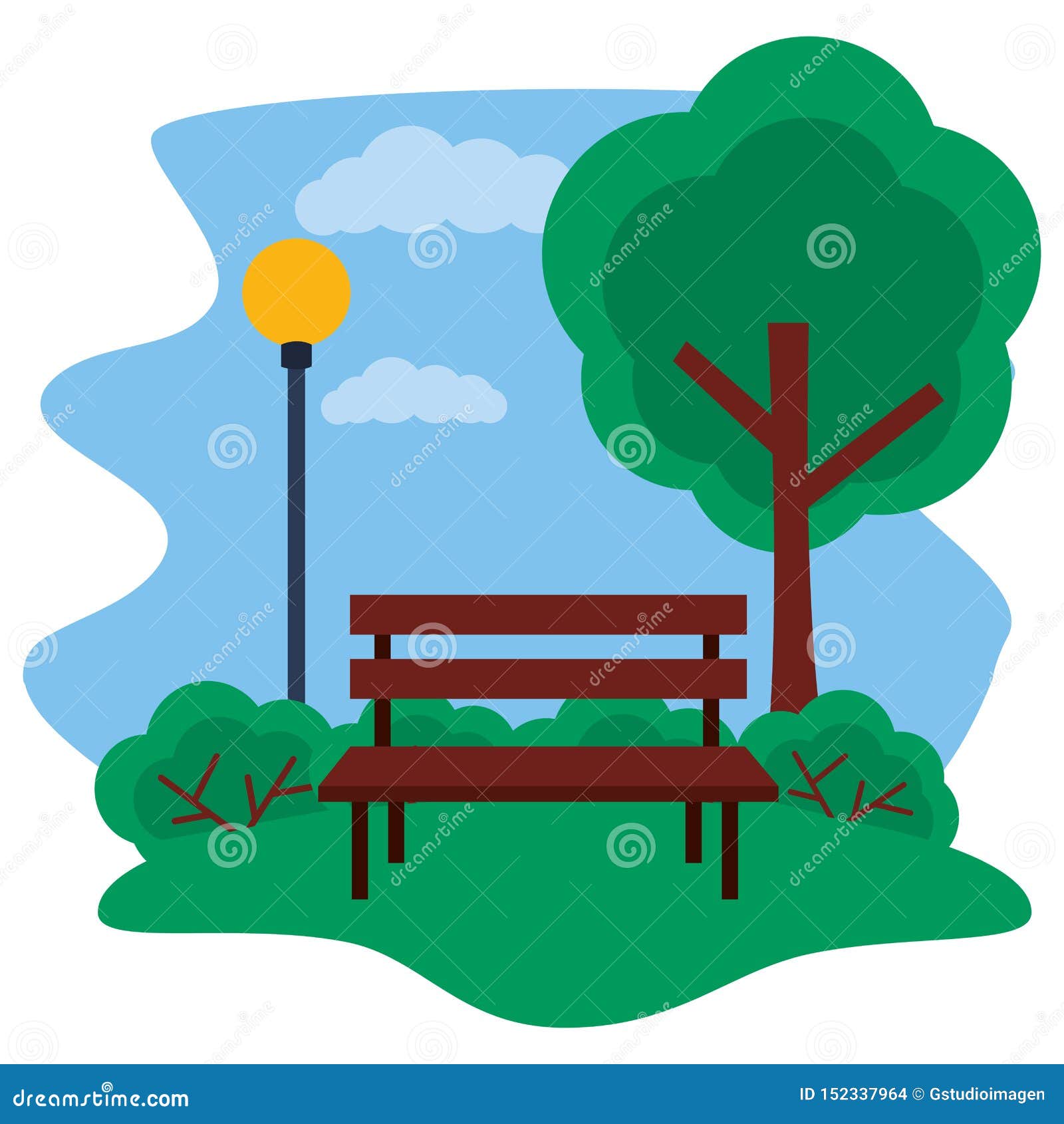 Park Bench Tree Lamp Post Grass Stock Illustration - Illustration of ...
