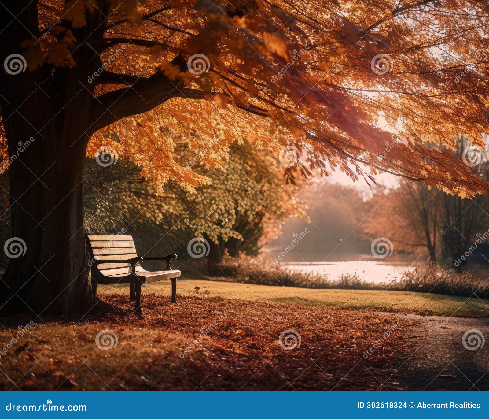 A Park Bench Under an Autumn Tree Stock Illustration - Illustration of ...