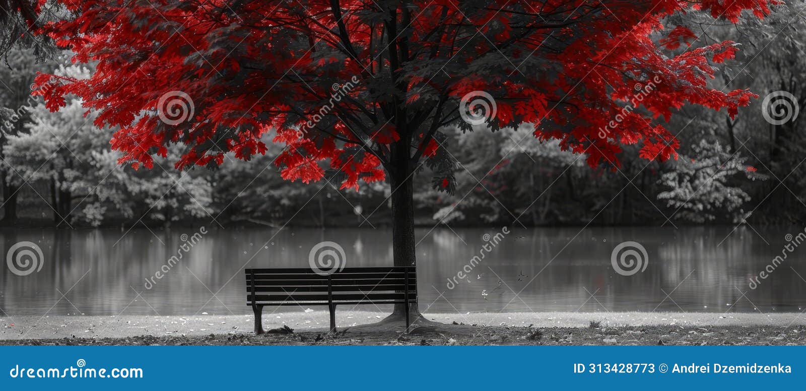 Park Bench Under Red Tree with Black and White Background Stock Image ...