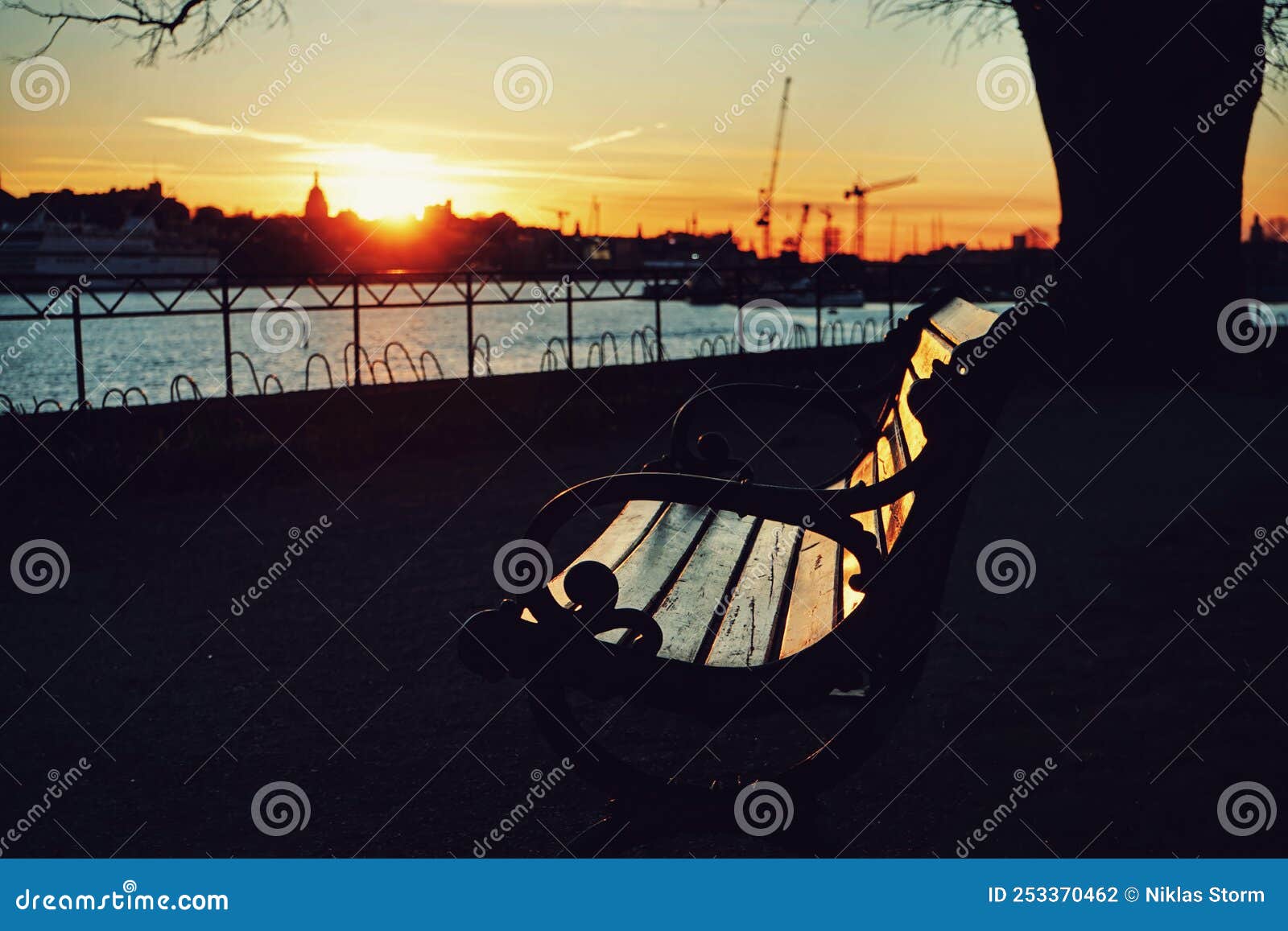 Park Bench by the Water during Sunset Stock Photo - Image of sunset ...
