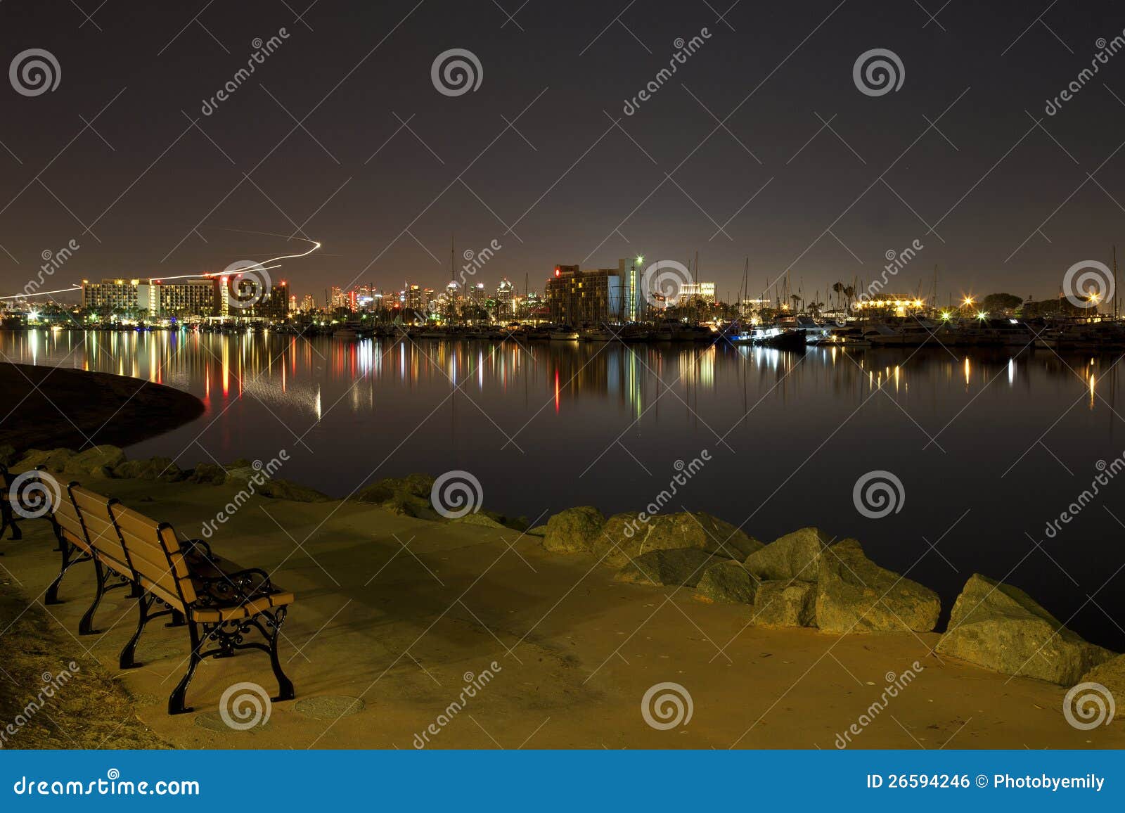 Park Bench on Waterfront at Night Stock Photo - Image of boat, green ...