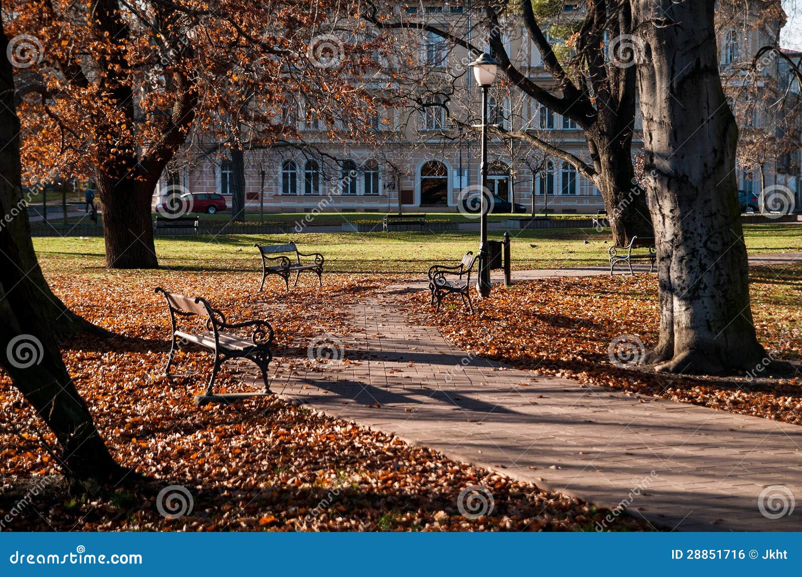 Park with benches stock photo. Image of lanterns, tree - 28851716