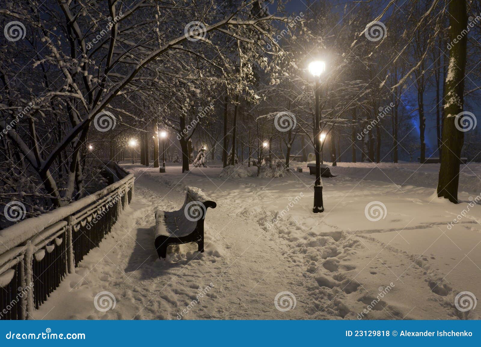 Park Covered with Snow at Night. Stock Photo - Image of contrast, bench ...