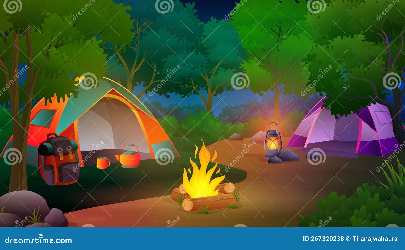 Camping at Night in the Deep Forest with Different Tent, Campfire ...